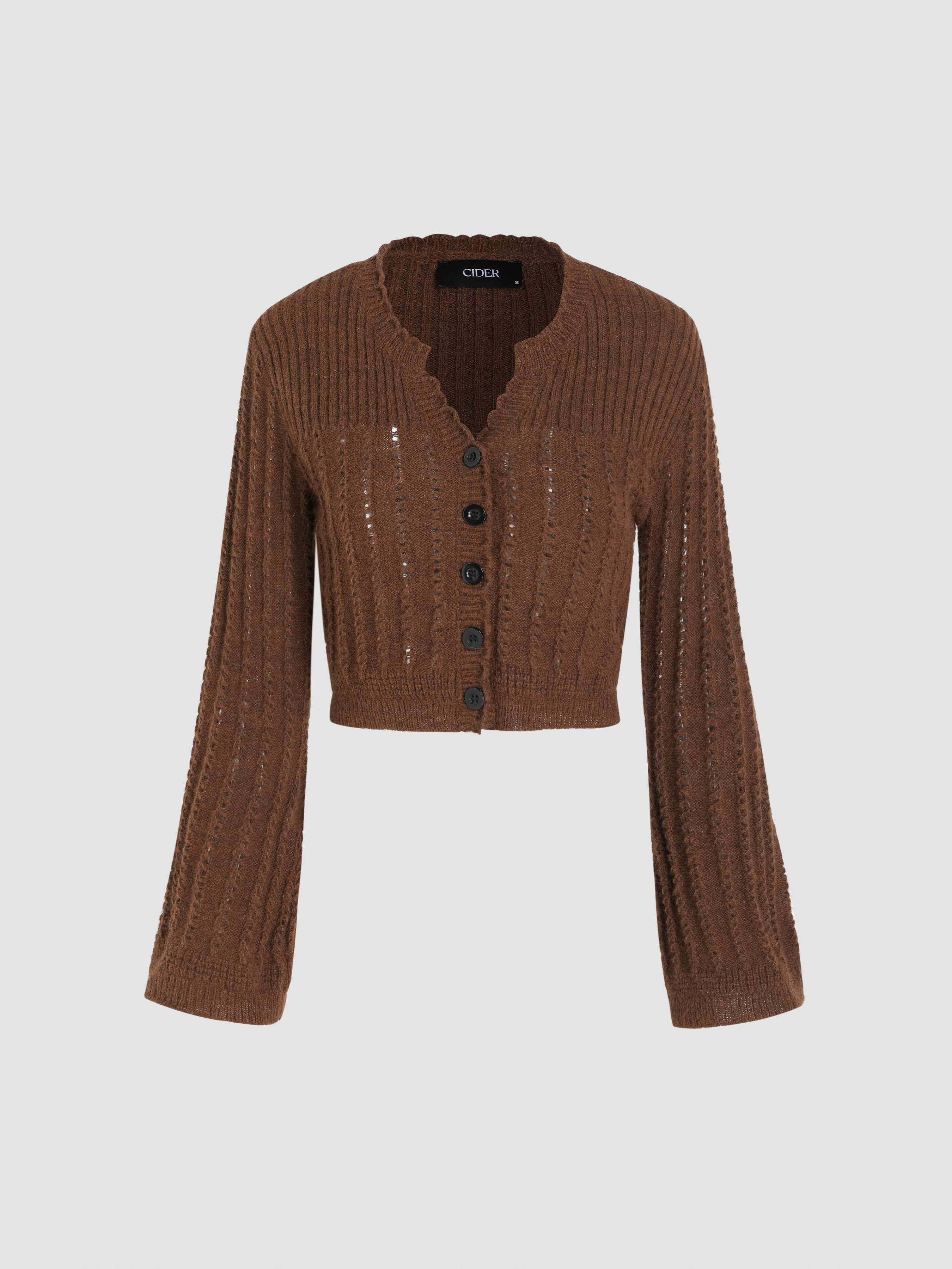 Solid Hollow Out Knitted Crop Top - Cider