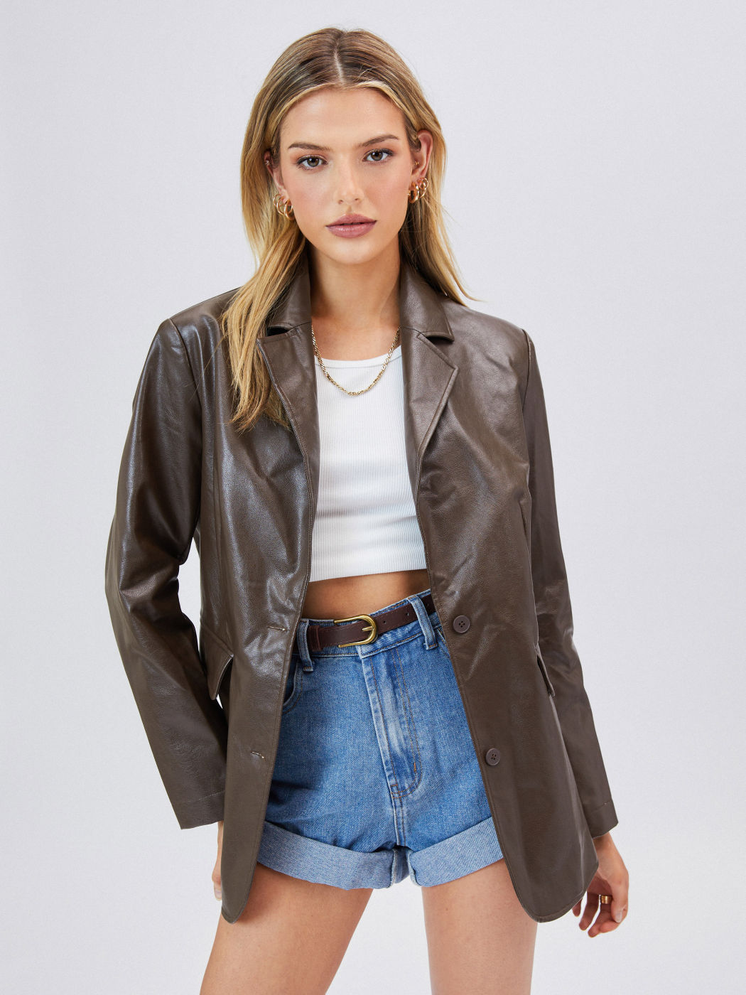 Solid Faux Leather Blazer - Cider