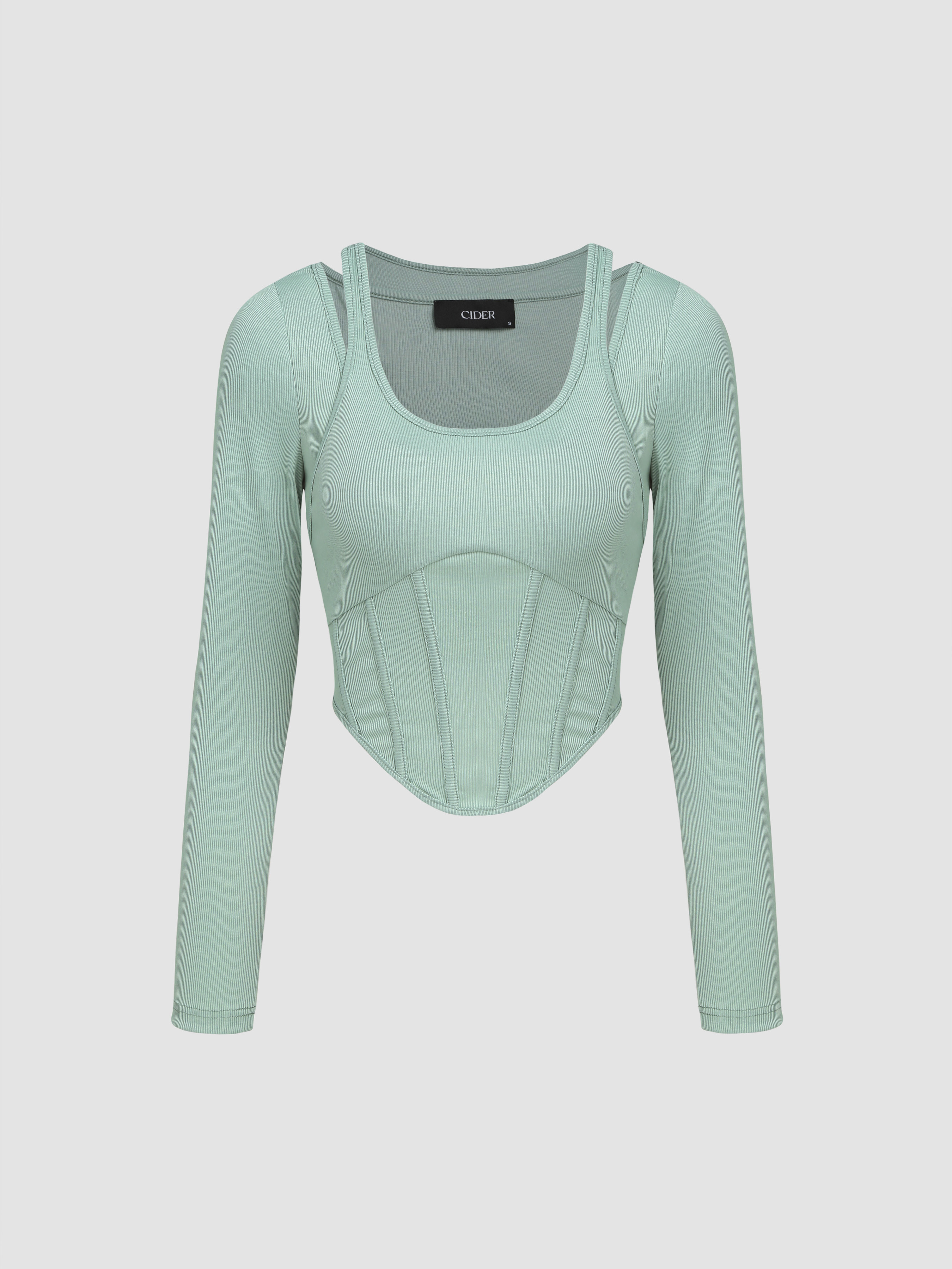 Solid U-neckline Corset Knitted Crop Top - Cider