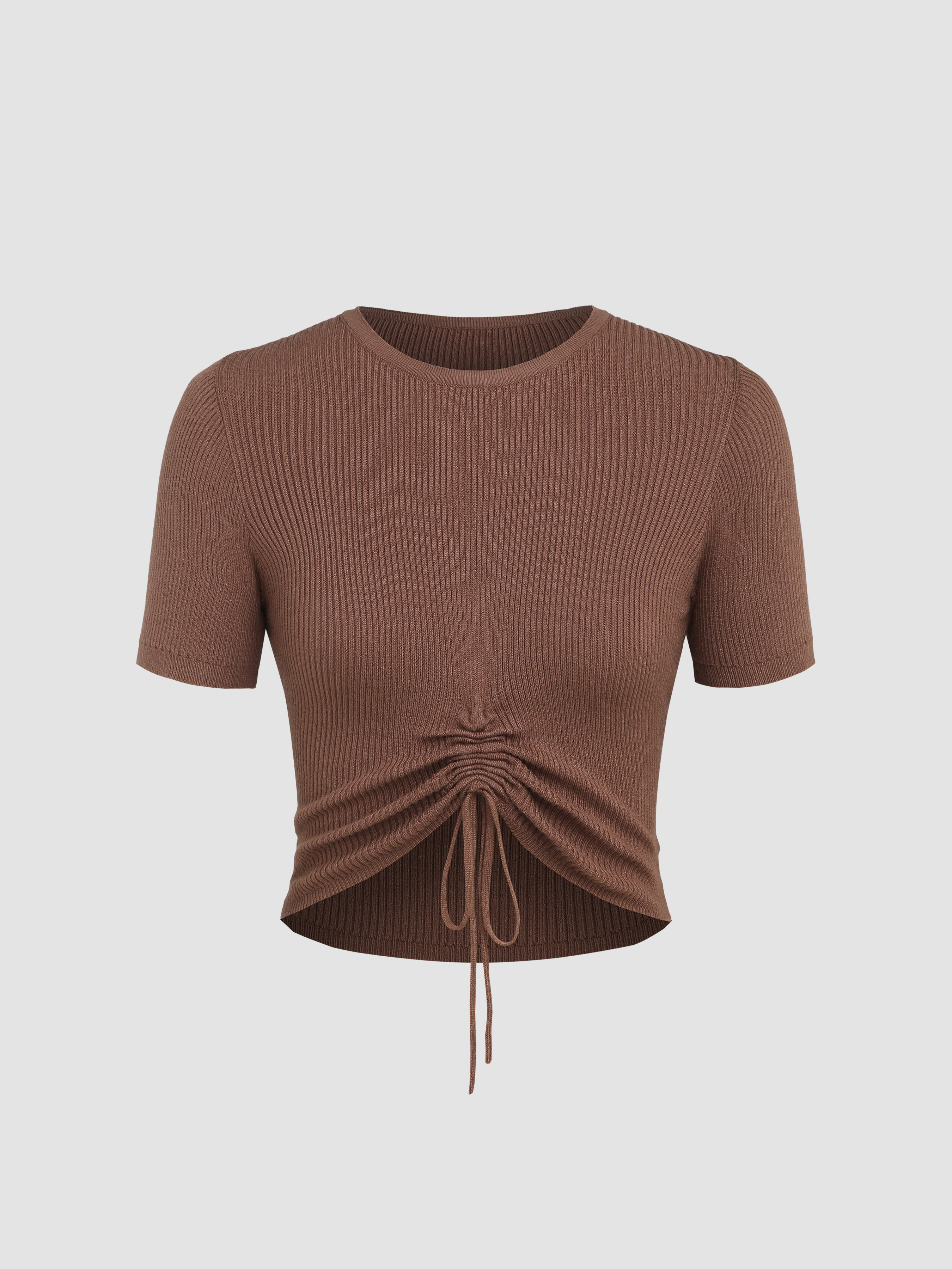 Solid Drawstring Short Sleeve Sweater - Cider