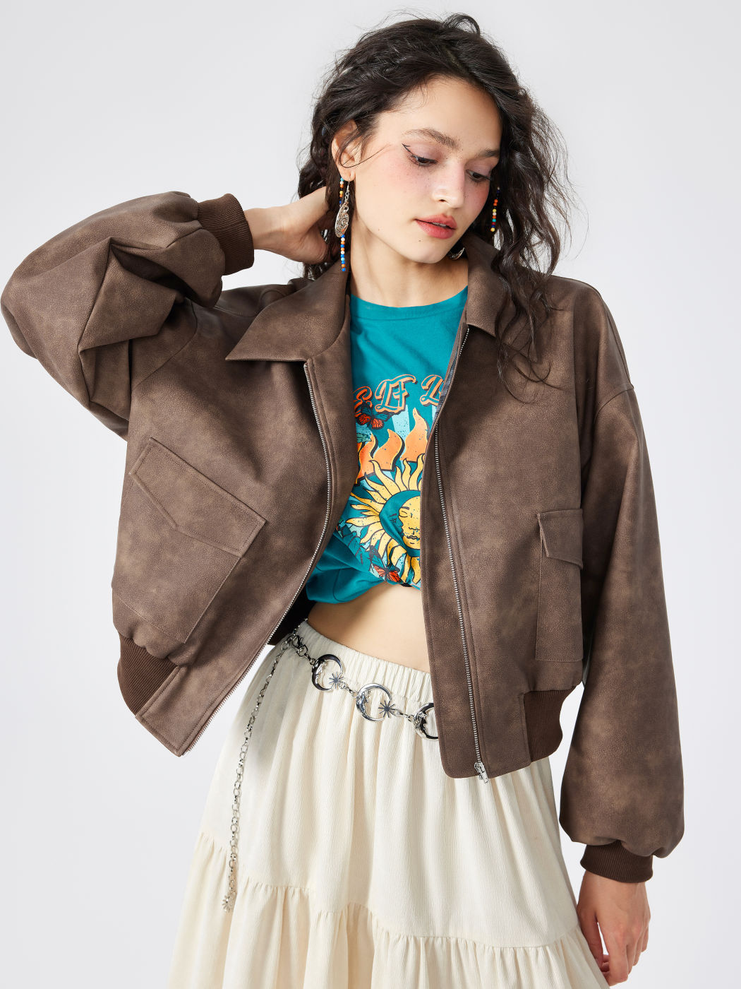 Faux Leather Stand Collar Zip Up Jacket - Cider