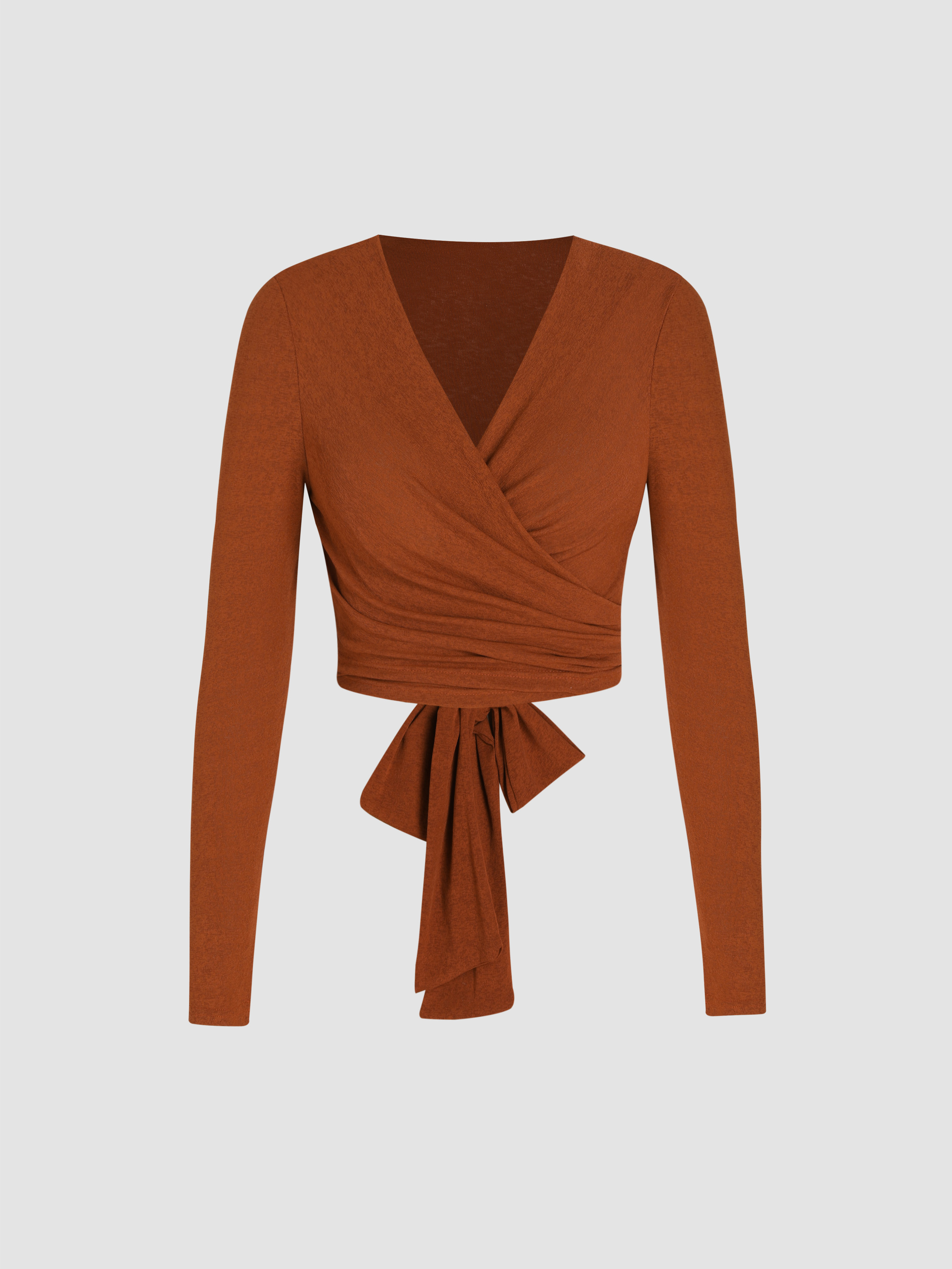 Solid V-neck Tie Back Ruched Tee - Cider