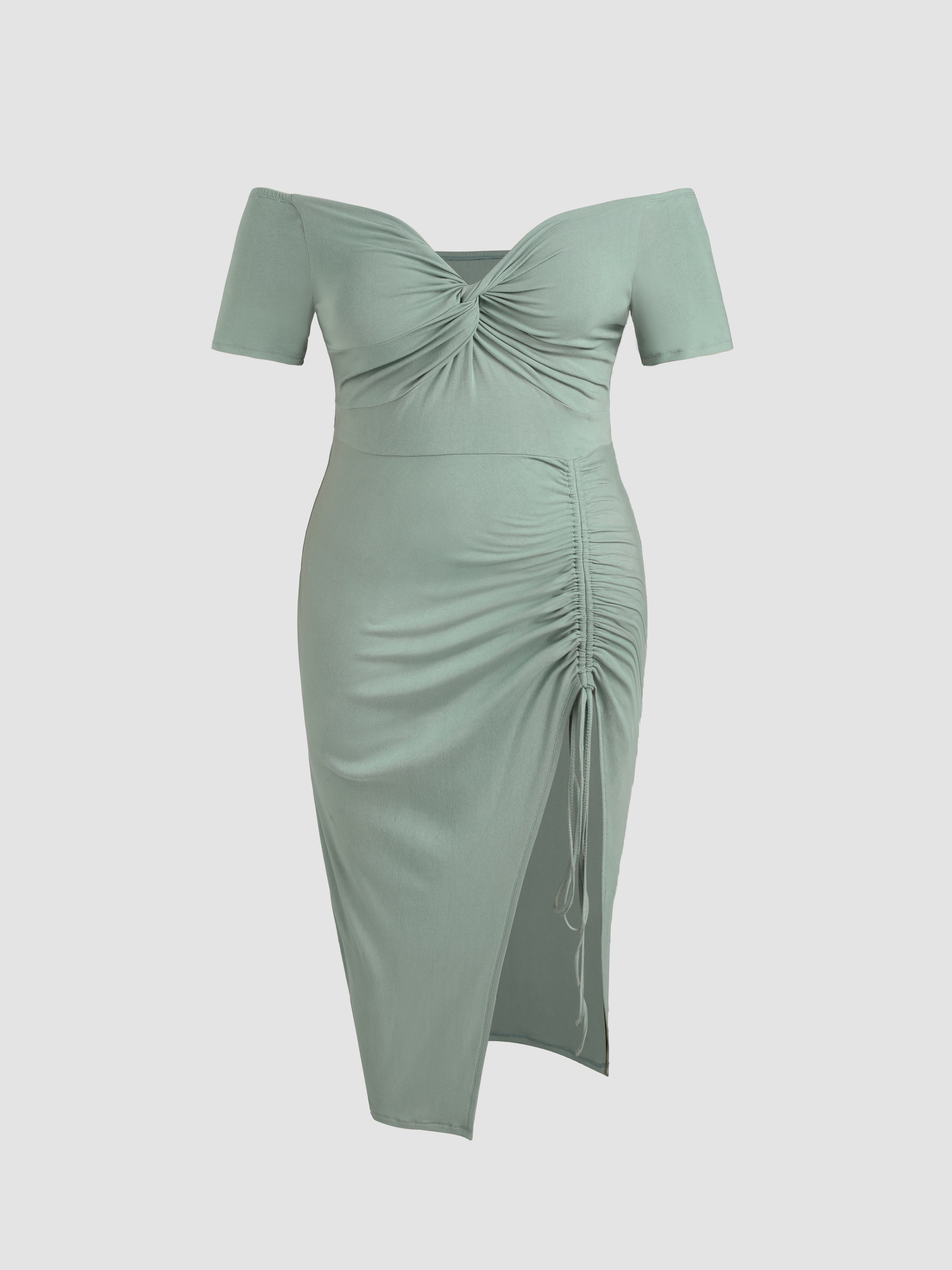 Twisted Drawstring Slit Midi Dress Curve & Plus - Cider