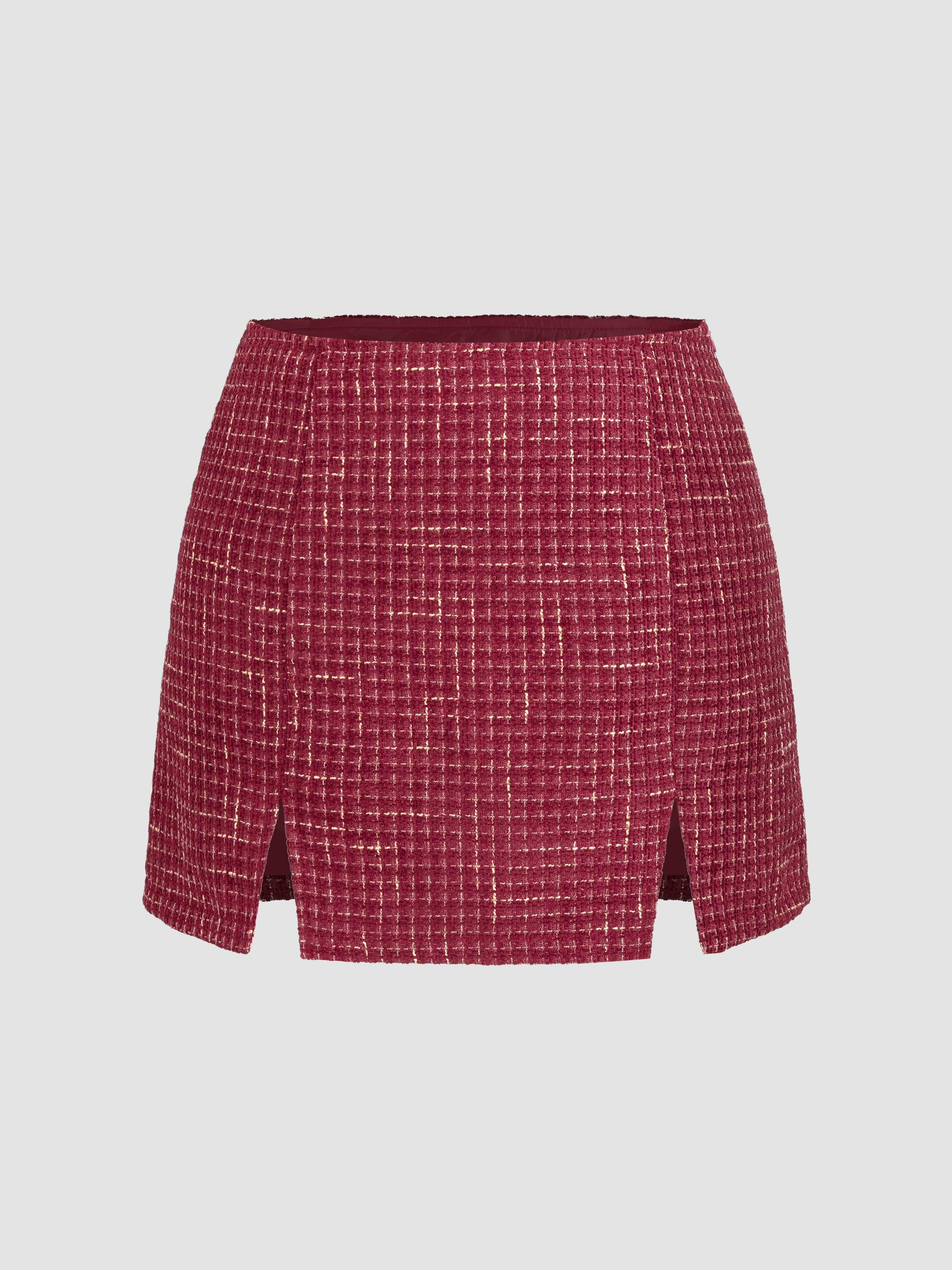 Tweed Mid Waist Split Skirt Curve And Plus Cider