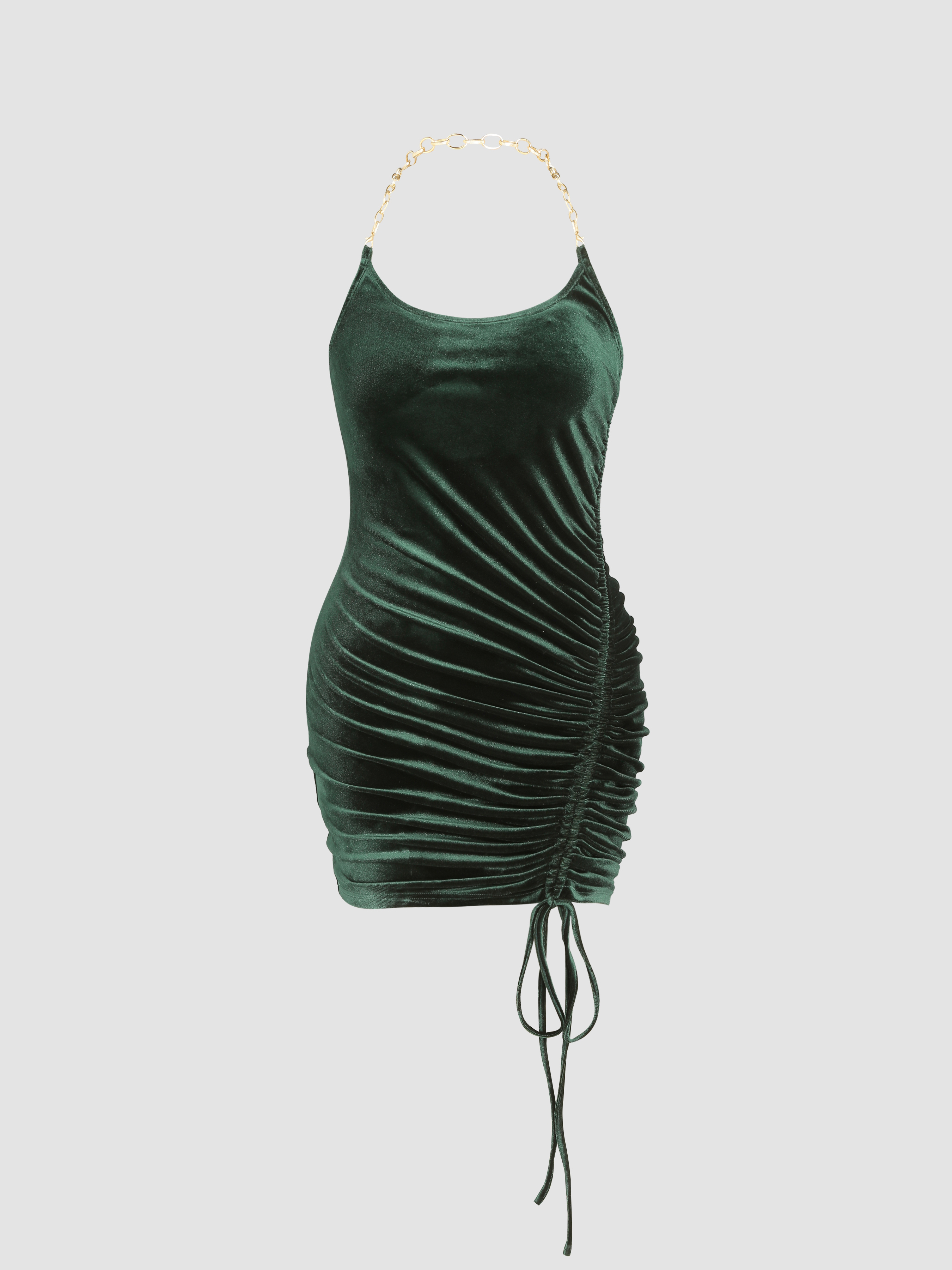 Velvet Halter Neckline Drawstring Ruched Mini Dress For Date Vacation