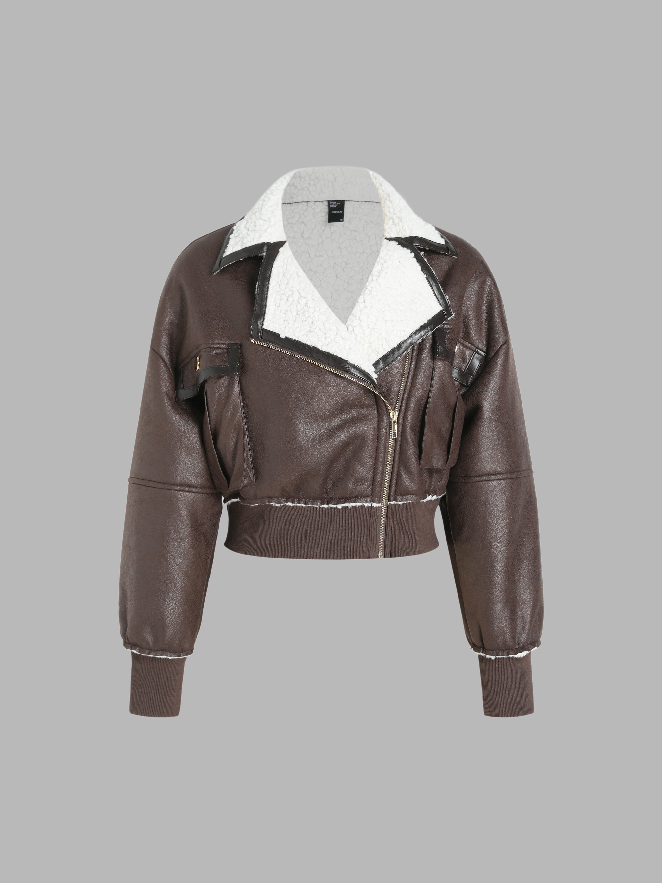 Faux Fur Collar Faux Shearling Zip-up Crop Jacket - Cider