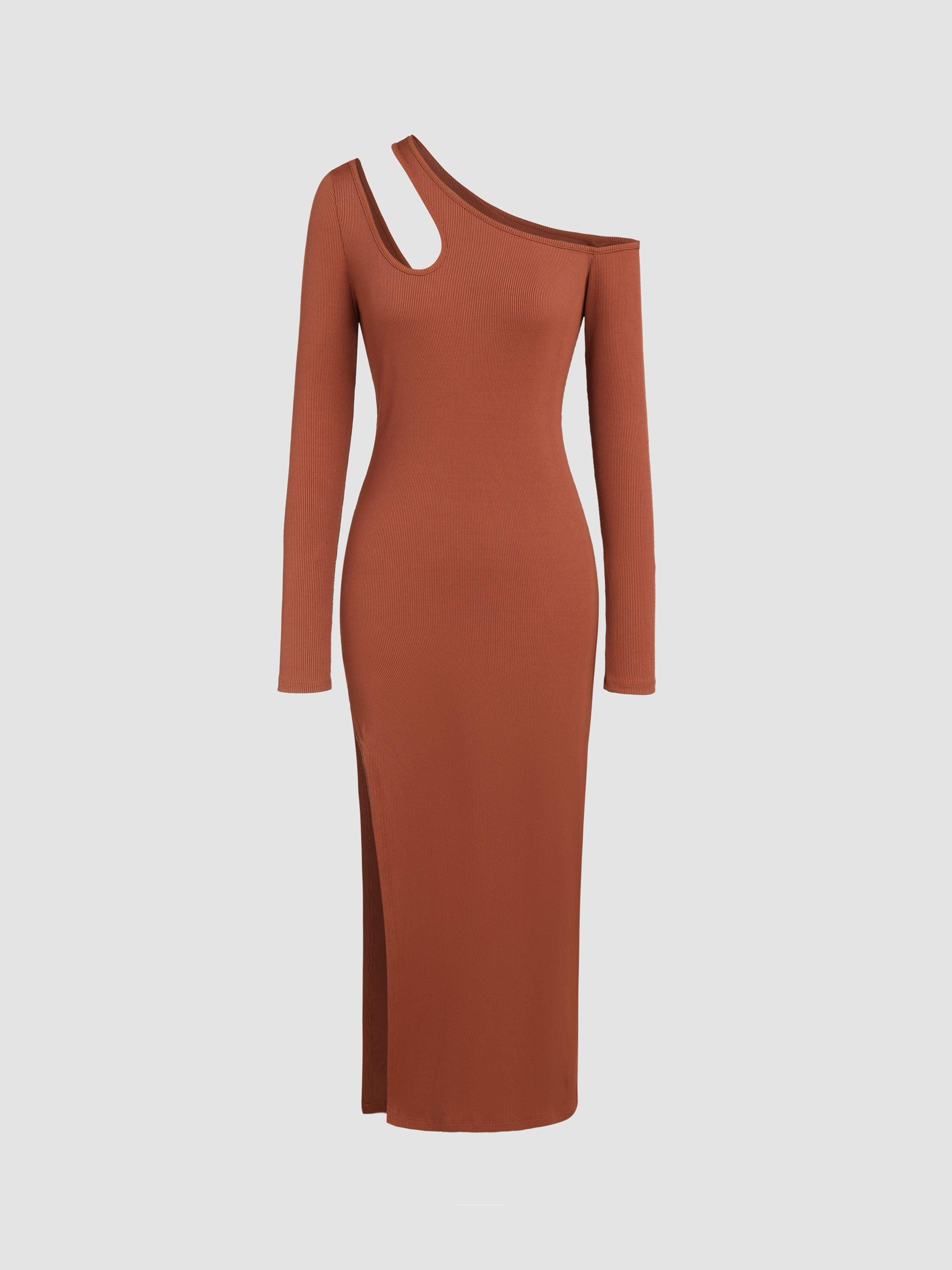 Solid Asymmetrical Neck Split Knitted Midi Dress - Cider