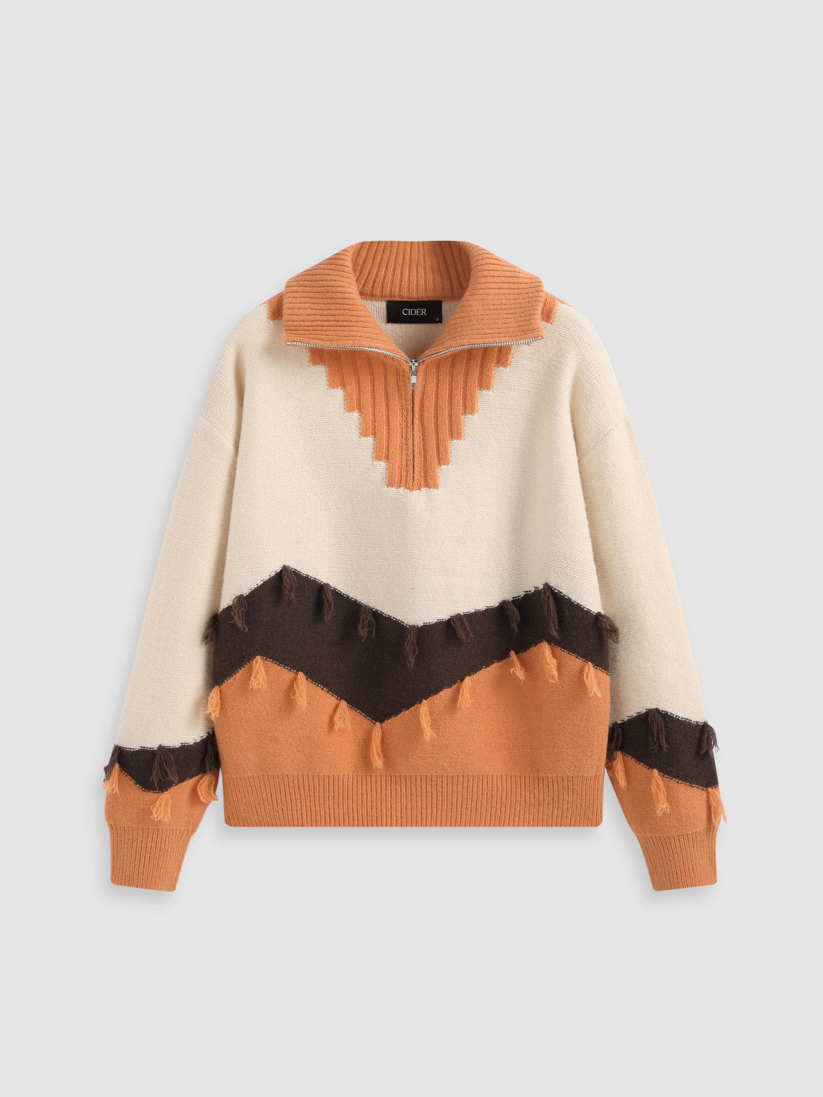 Contrasting Turtleneck Zip Up Oversized Sweater - Cider