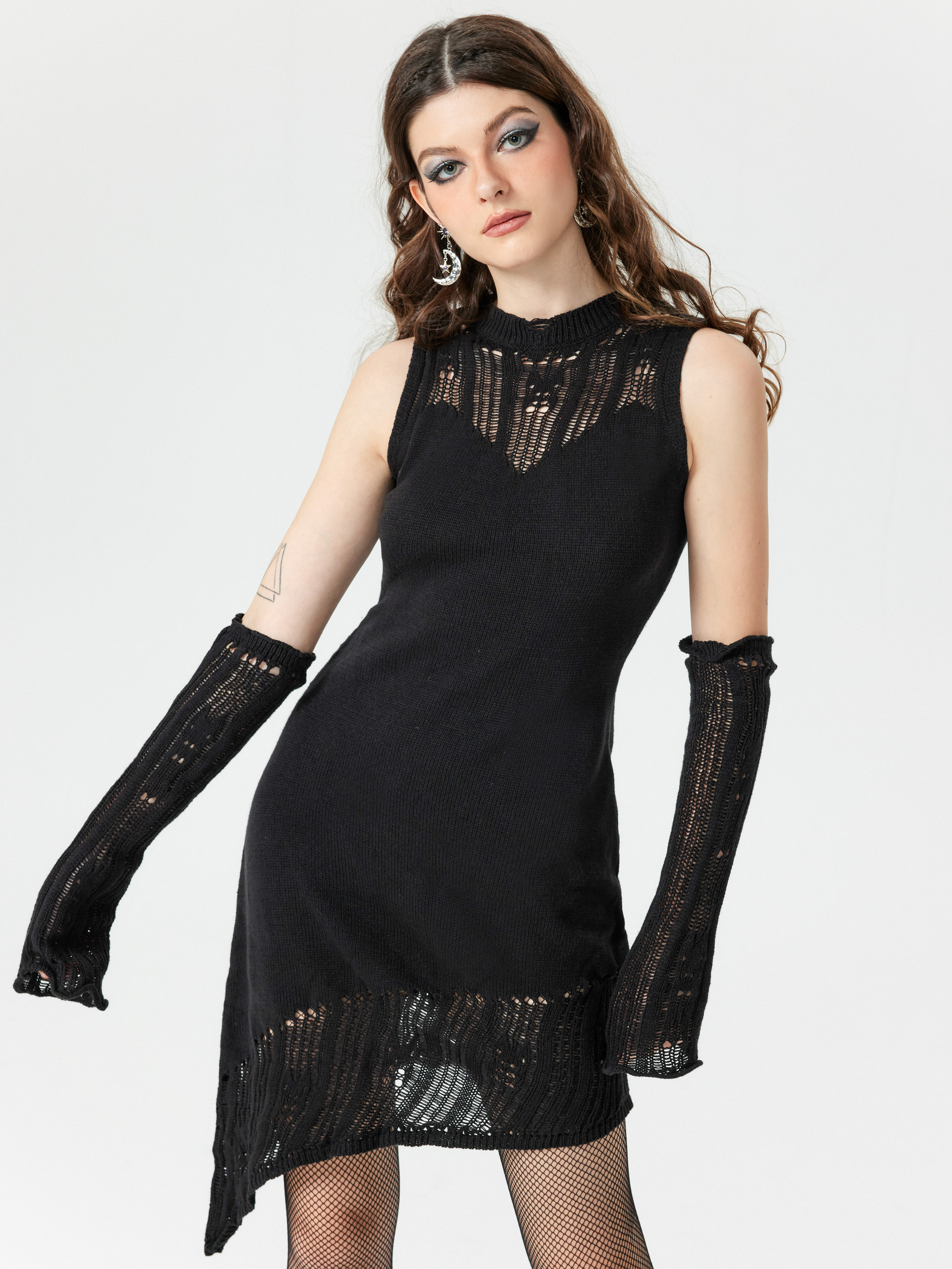 Crochet Ripped Mini Dress With Oversleeves - Cider