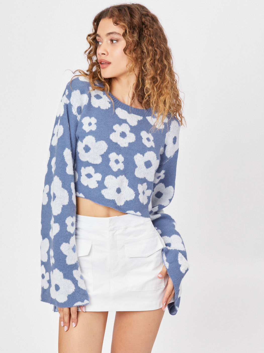 Floral Bell Sleeve Knitted Crop Top - Cider