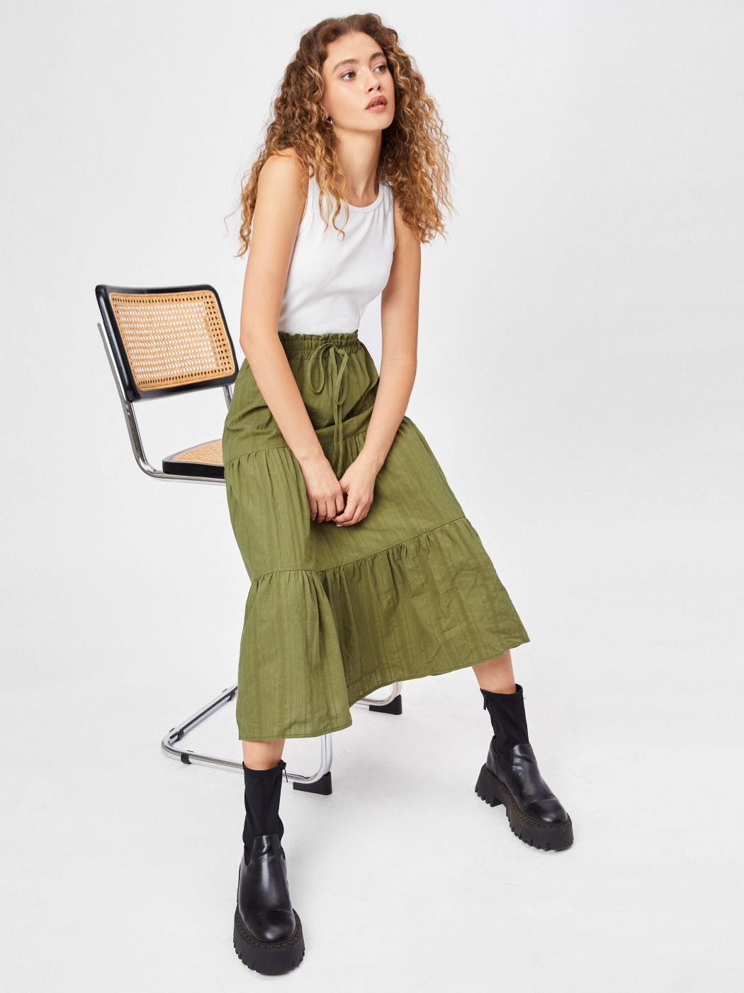 Long Skirts Woven Texture Knotted Ruffle Tiered Midi Skirt For Daily ...