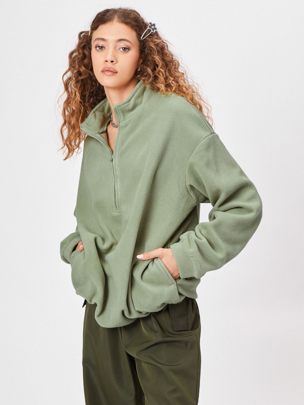 Fleece Drawstring Half-zip Sweatshirt For School Daily Casual Work