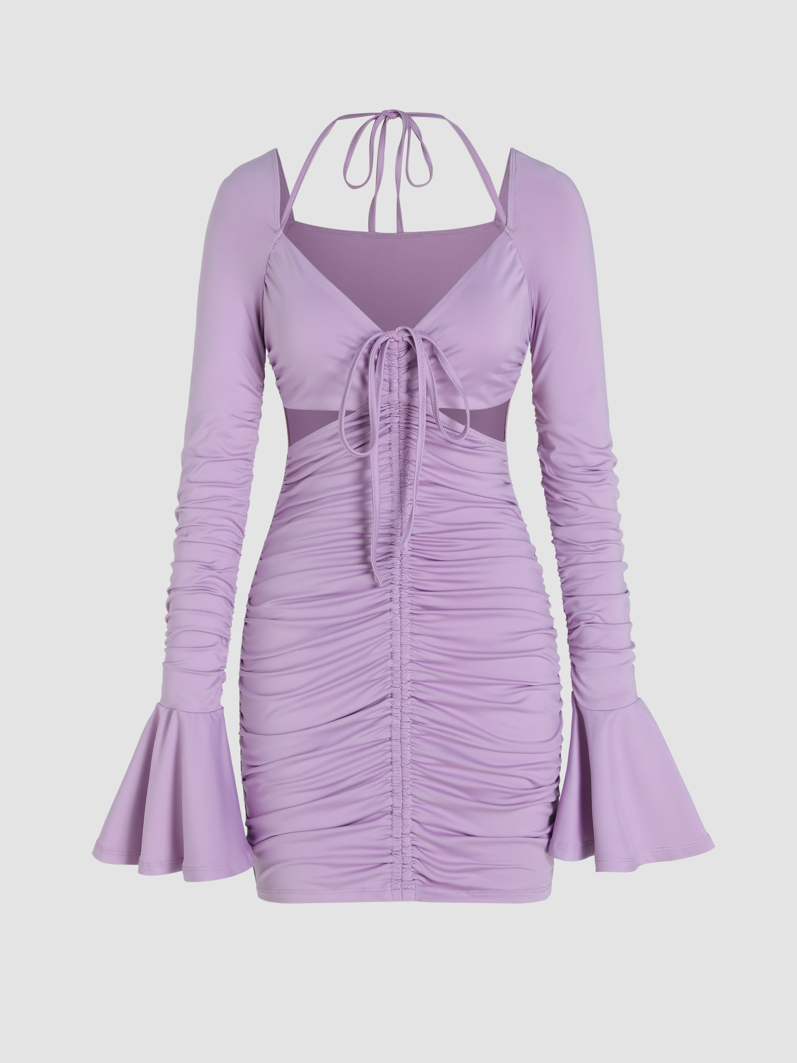 Solid Jersey Bell Sleeve Drawstring Mini Dress For Date Vacation Holiday