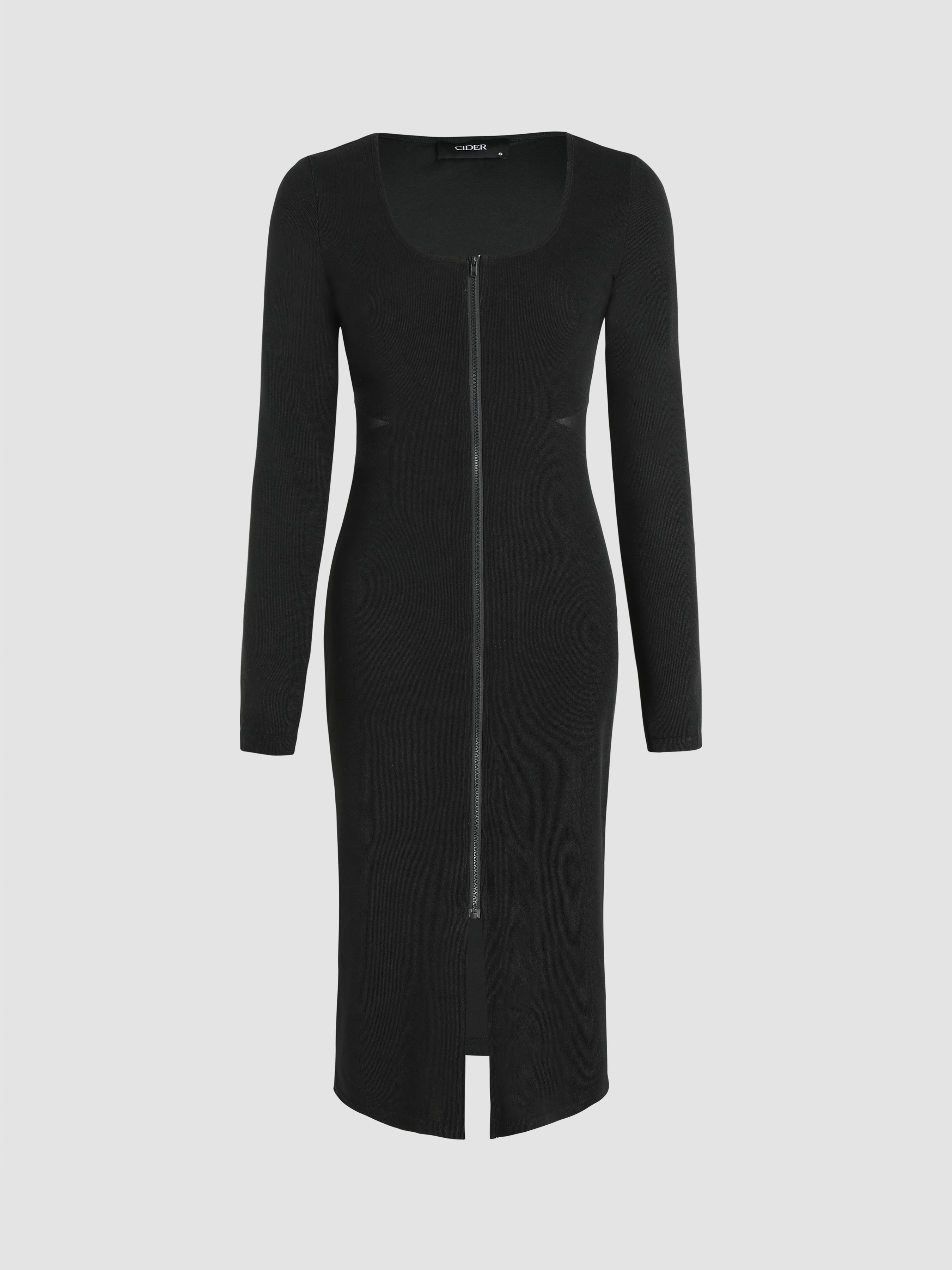 Rib Solid Zip Up Split Midi Dress - Cider