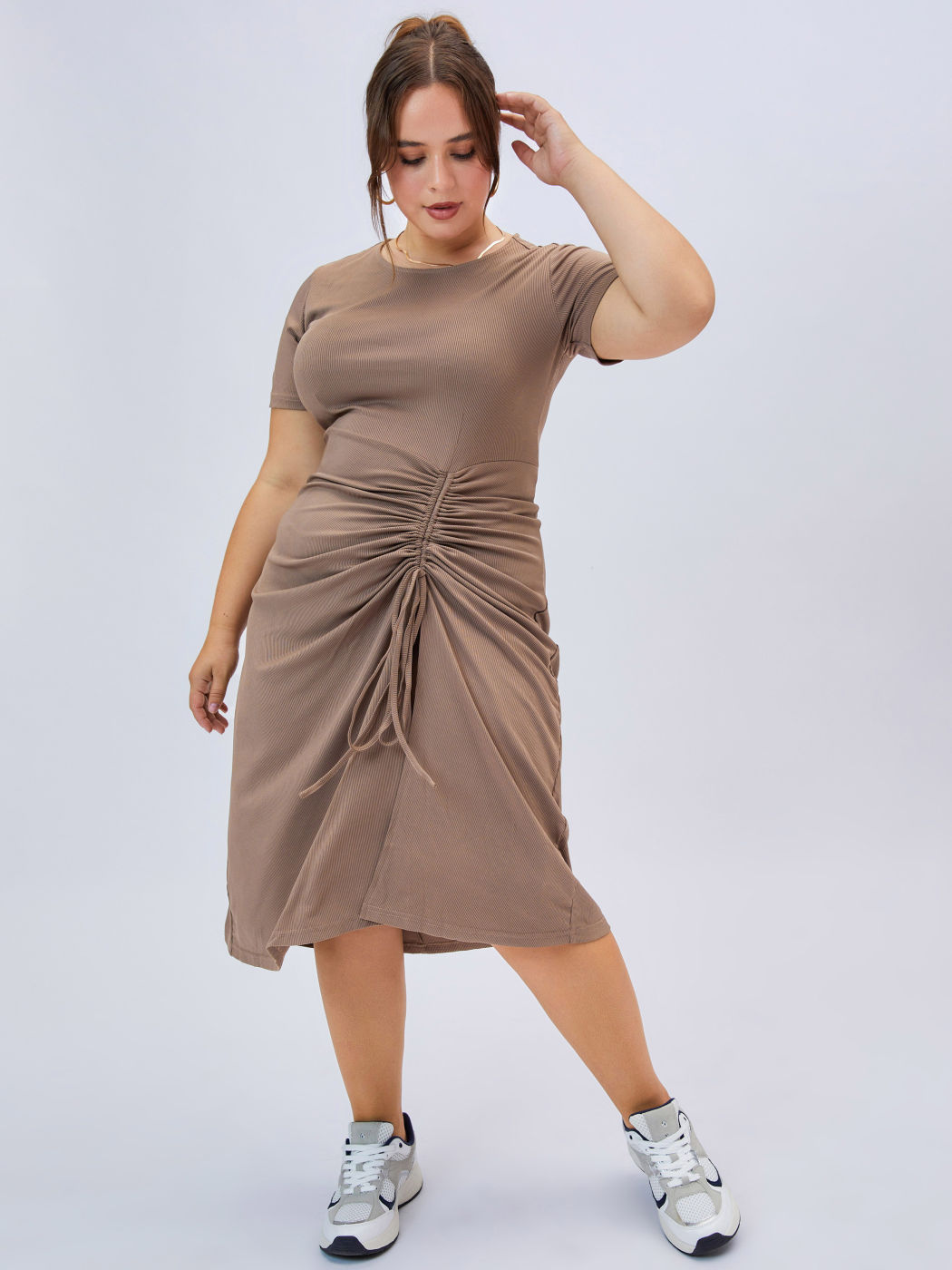 Curve & Plus Solid Drawstring Slit Midi Dress For Daily Casual Coffee ...