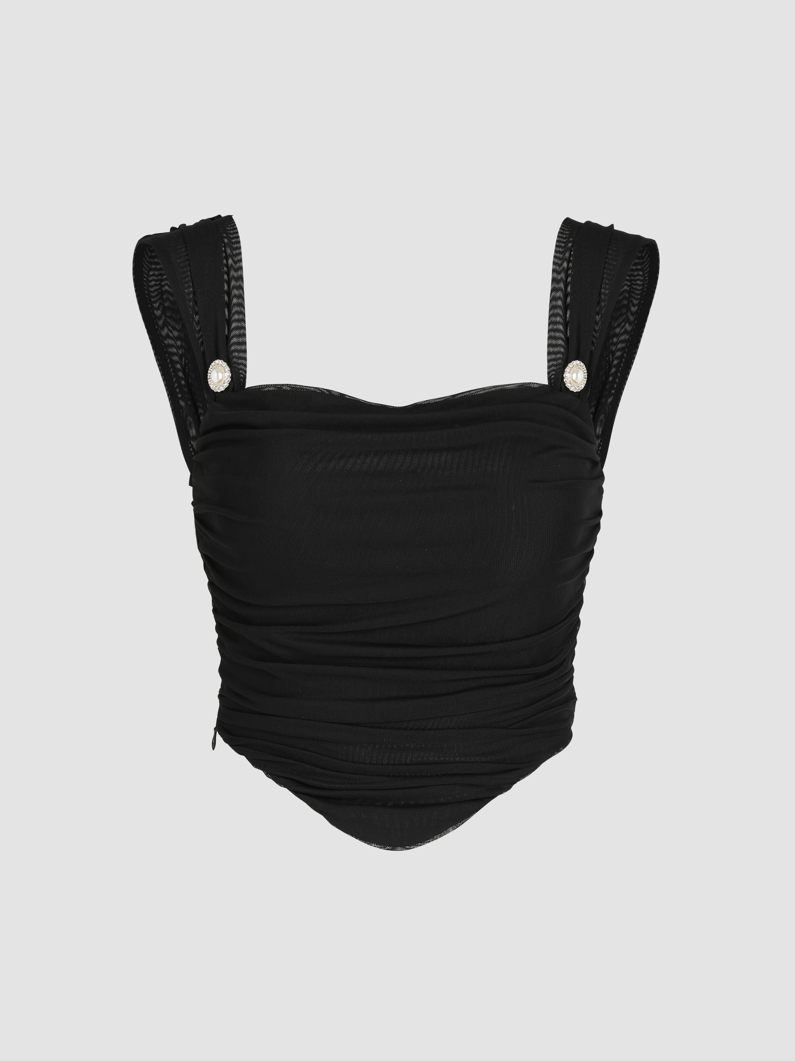 Mesh Solid Mesh Cowl Neck Ruched Faux Pearl Crop Cami Top For Party ...