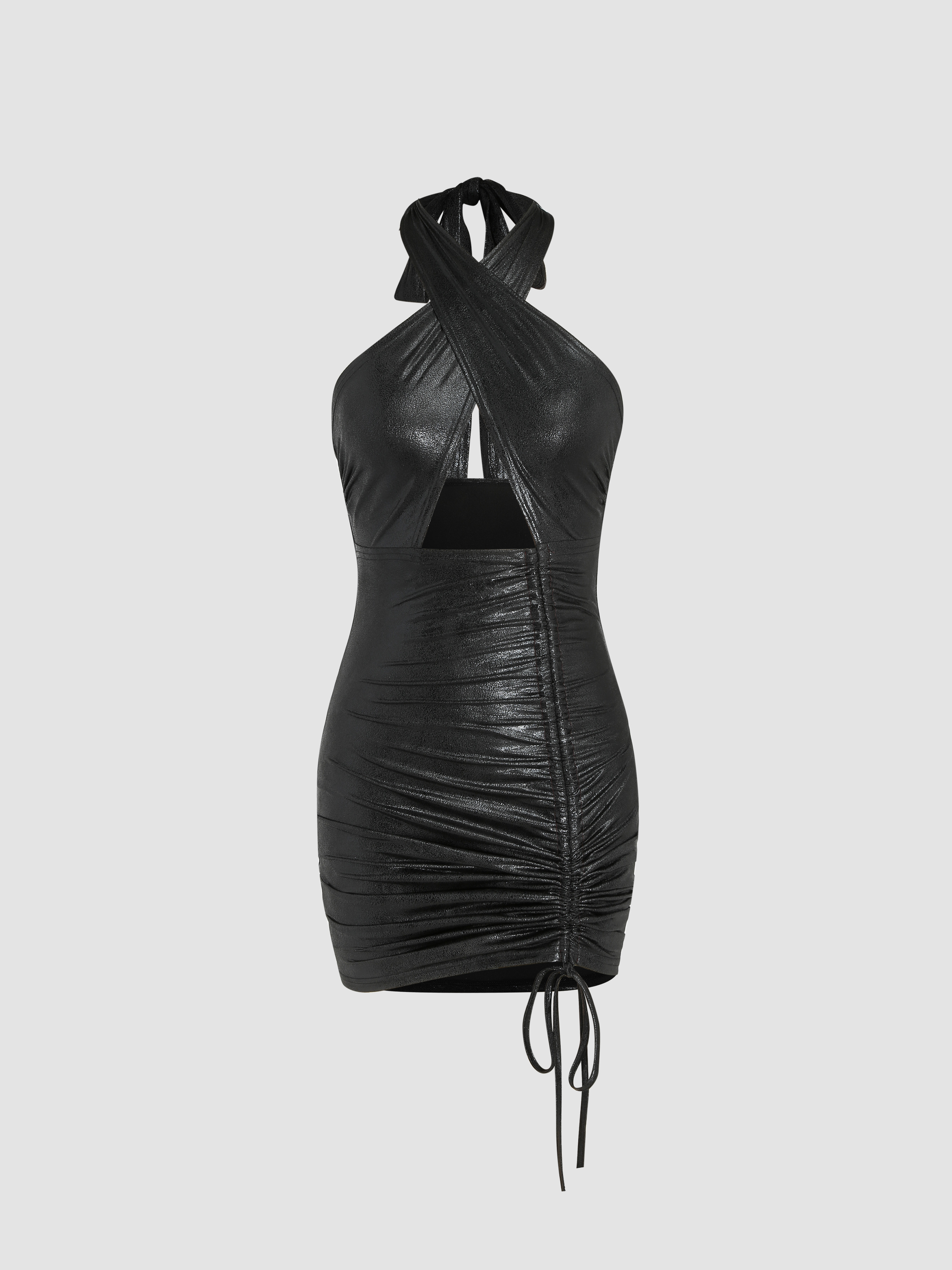 Metallic Halter Drawstring Short Dress For Party Clubbing Music
