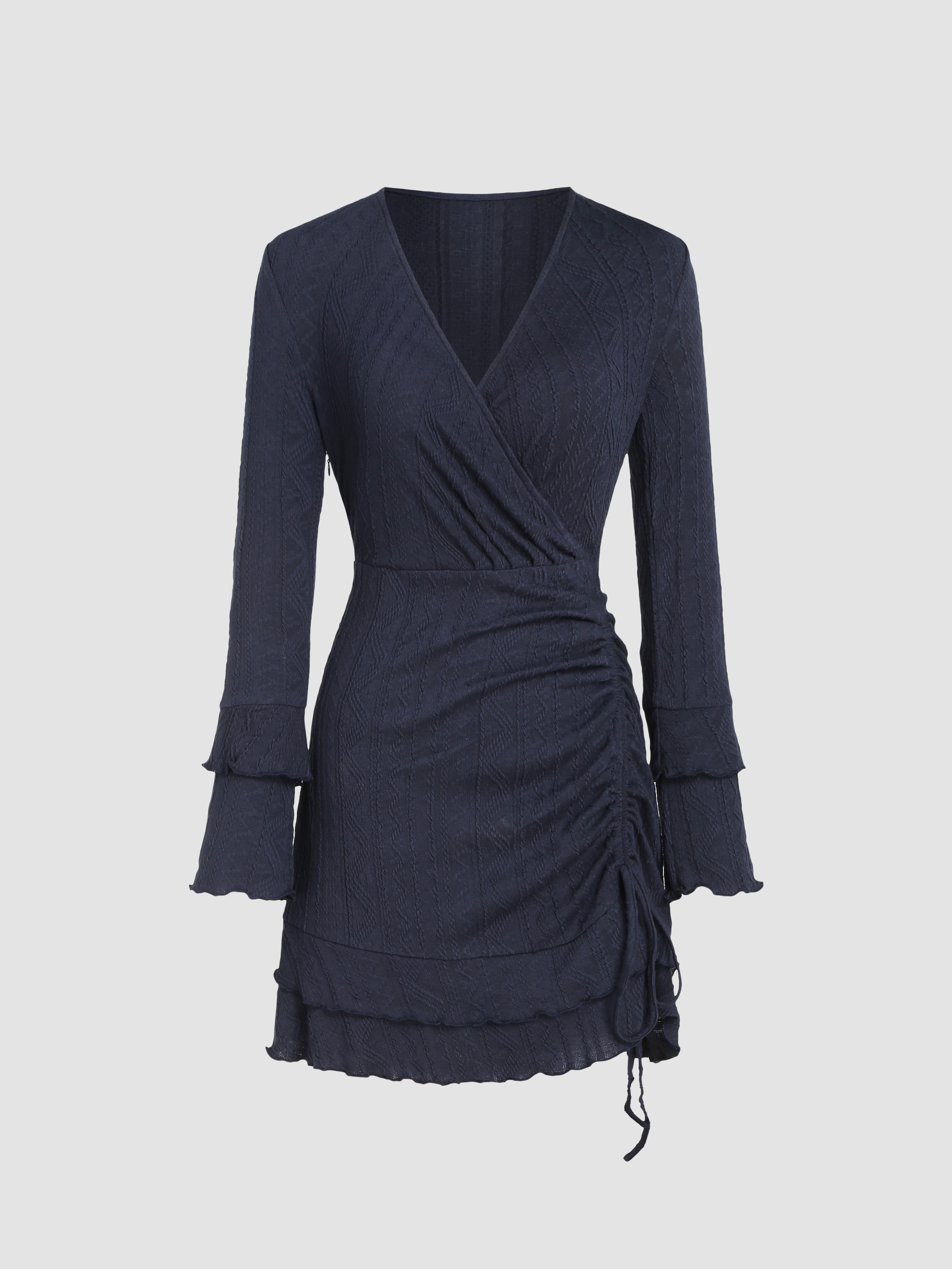 Woven Woven Solid V-neck Ruched Drawstring Mini Dress For Date Vacation Holiday