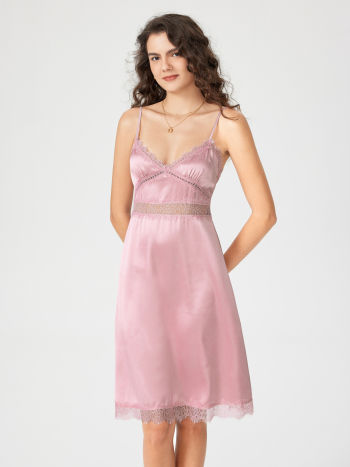Satin Solid Lace Trim Cami Midi Dress - Cider
