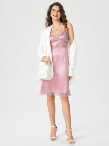 Satin Solid Lace Trim Cami Midi Dress - Cider