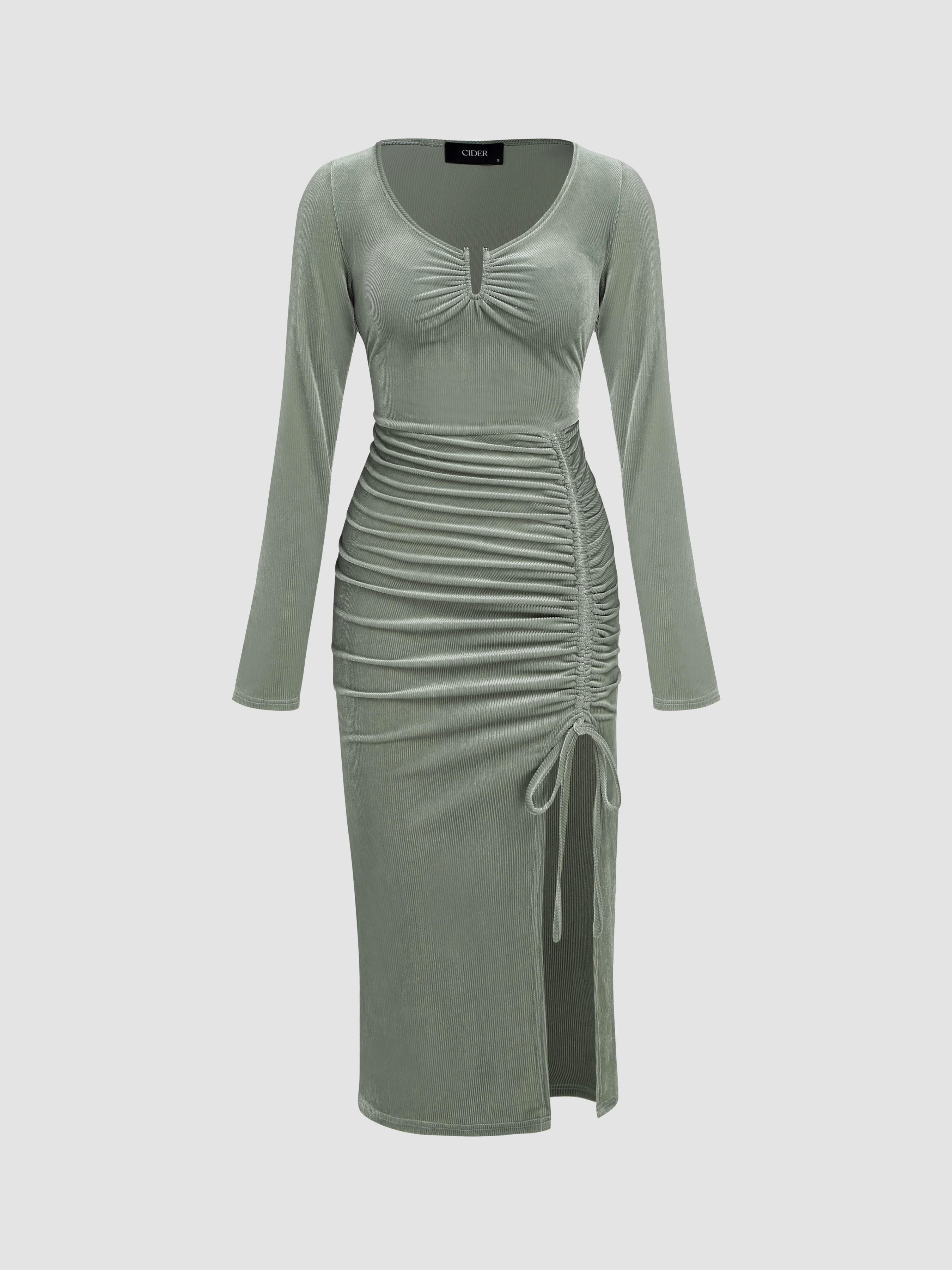 Knit Fabric Solid Ruched Drawstring Split Midi Dress For Vacation Holiday