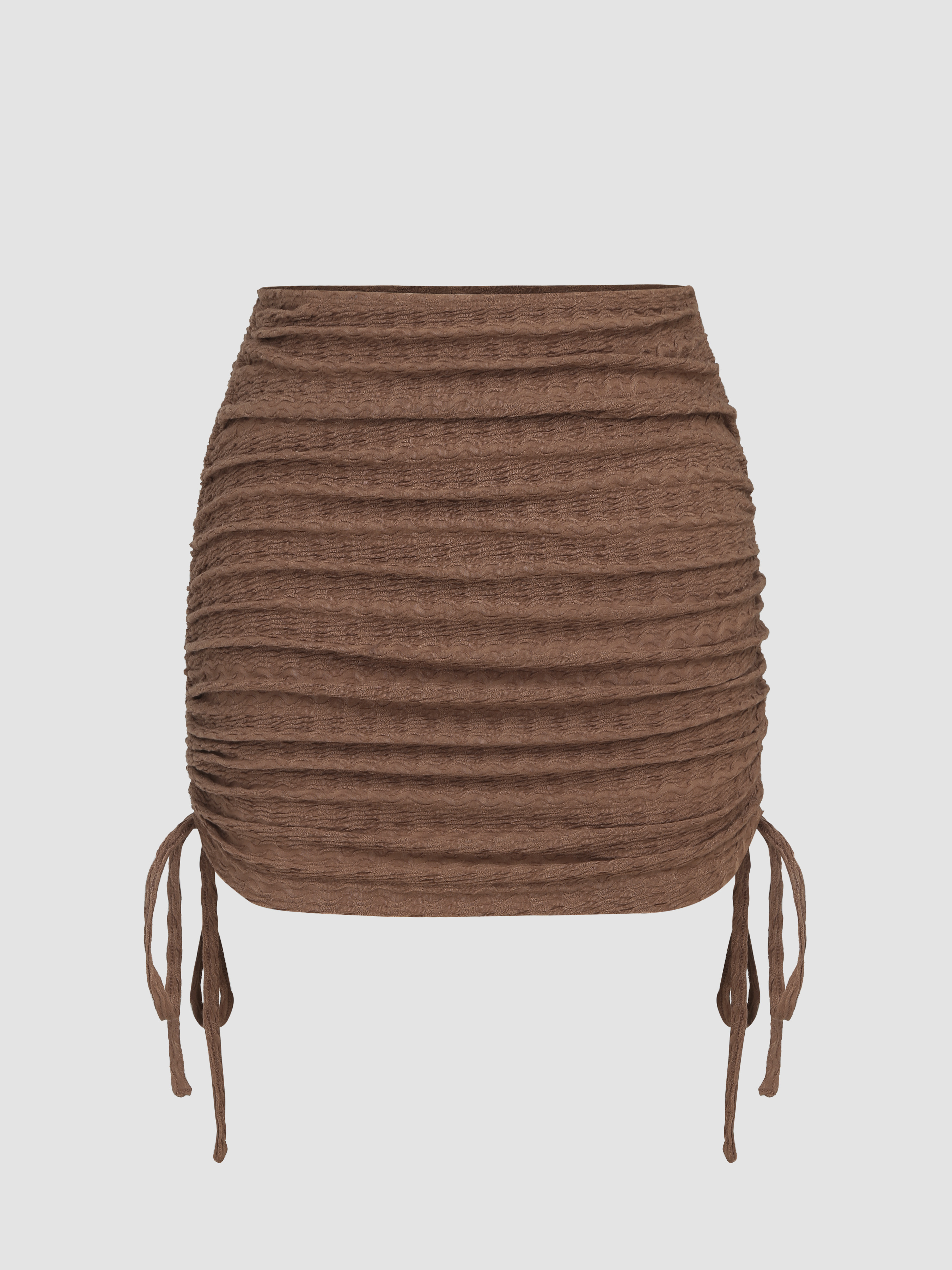 Solid Ruched Drawstring Mini Skirt - Cider
