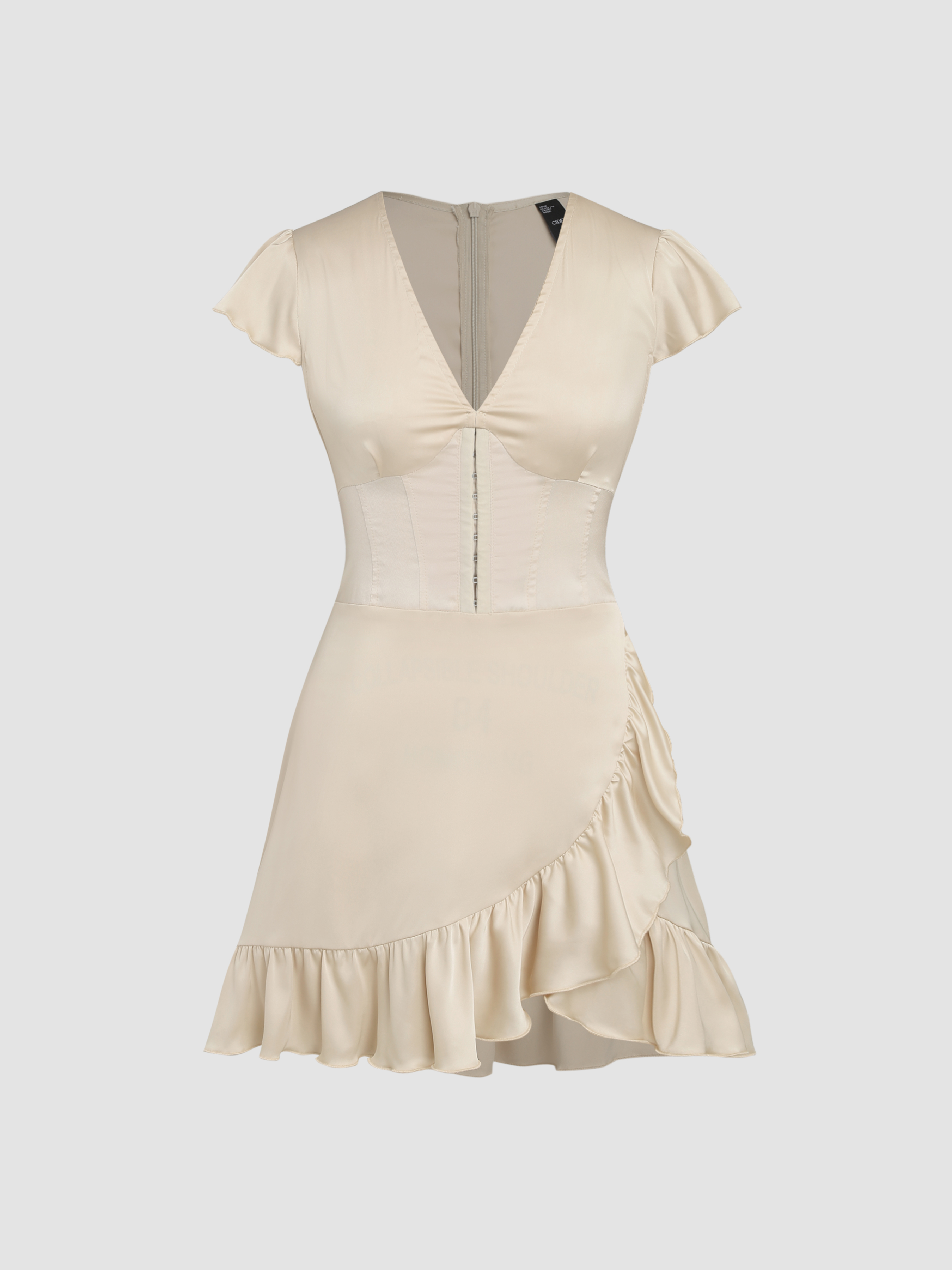 Hoco Dress Homecoming Satin Solid V-neck Buckle Zip Up Ruffle Hem Mini ...