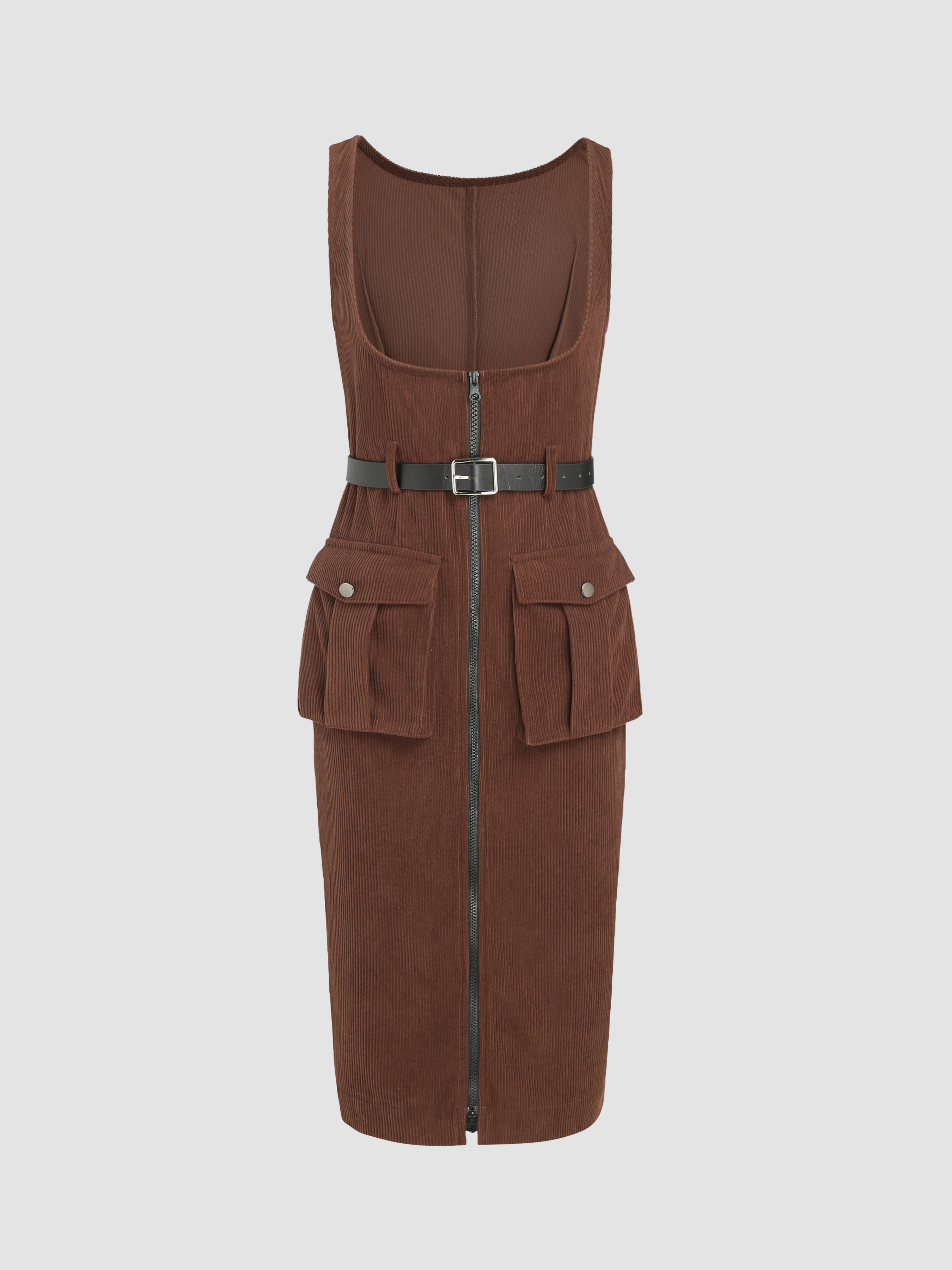 Solid Corduroy Pocket Belted Midi Dress - Cider