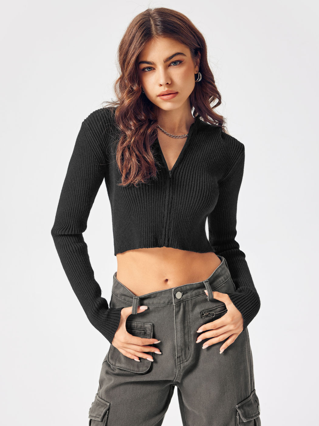 Solid V-neck Zip Up Crop Cardigan - Cider