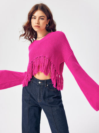 Solid V-neck Tassel Crop Knitted Long Sleeve Top For Vacation Holiday