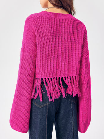 Solid V-neck Tassel Crop Knitted Long Sleeve Top For Vacation Holiday