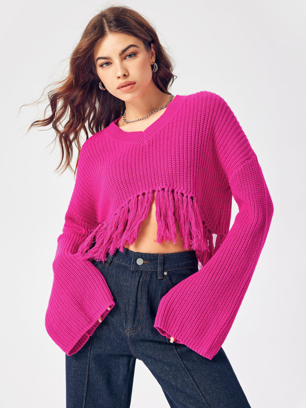 Solid V-neck Tassel Crop Knitted Long Sleeve Top For Vacation Holiday