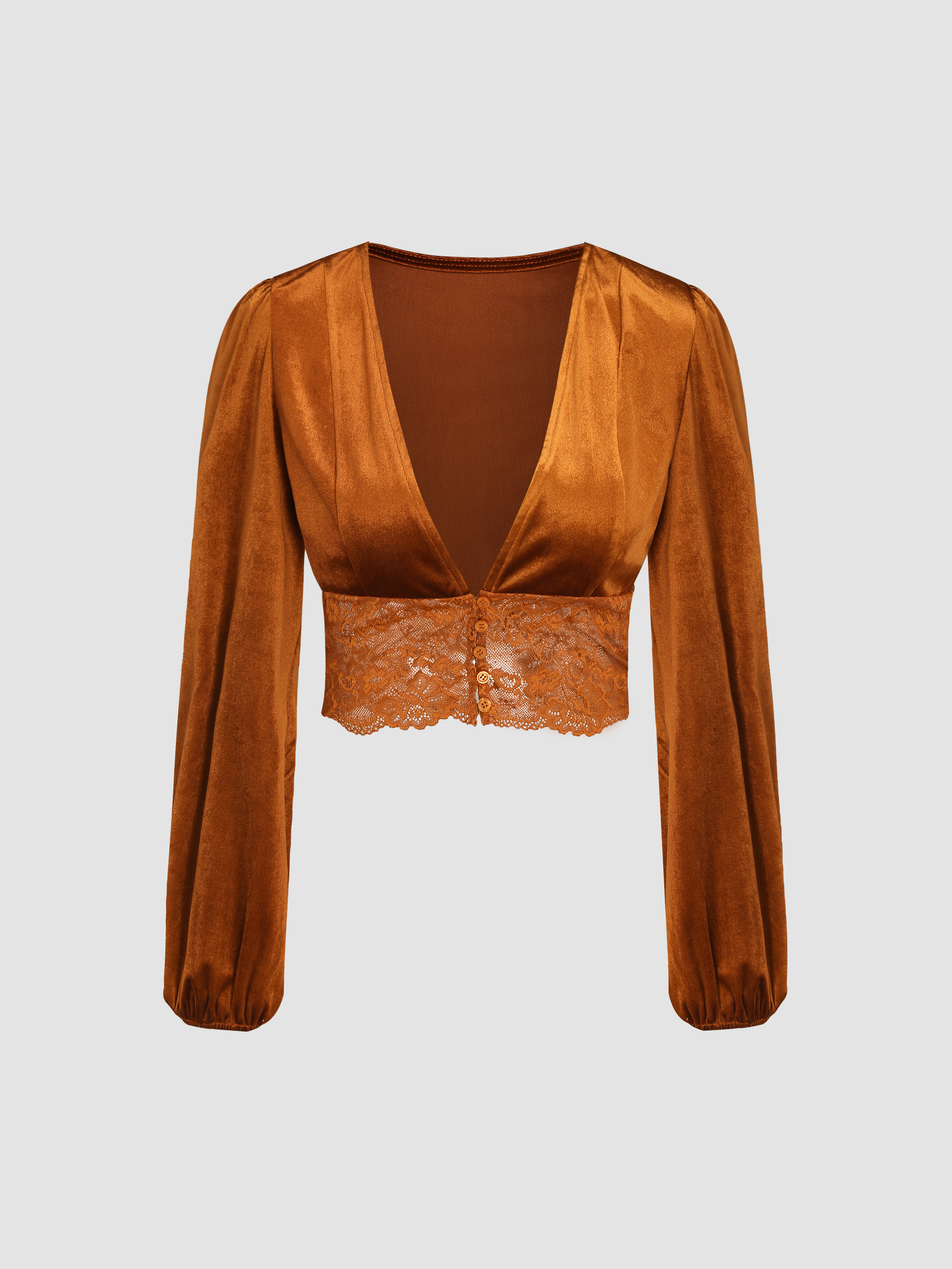 Velvet V-neck Lace Button Up Crop Blouse - Cider
