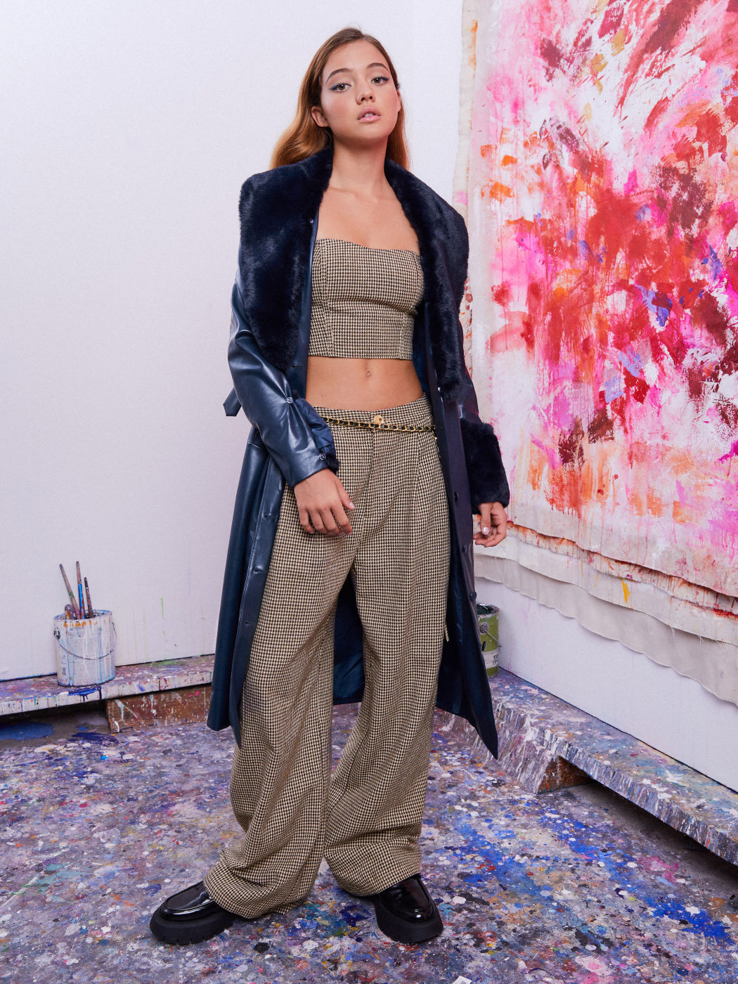 Solid Faux Leather Faux Fur Jacket With Belt - Cider