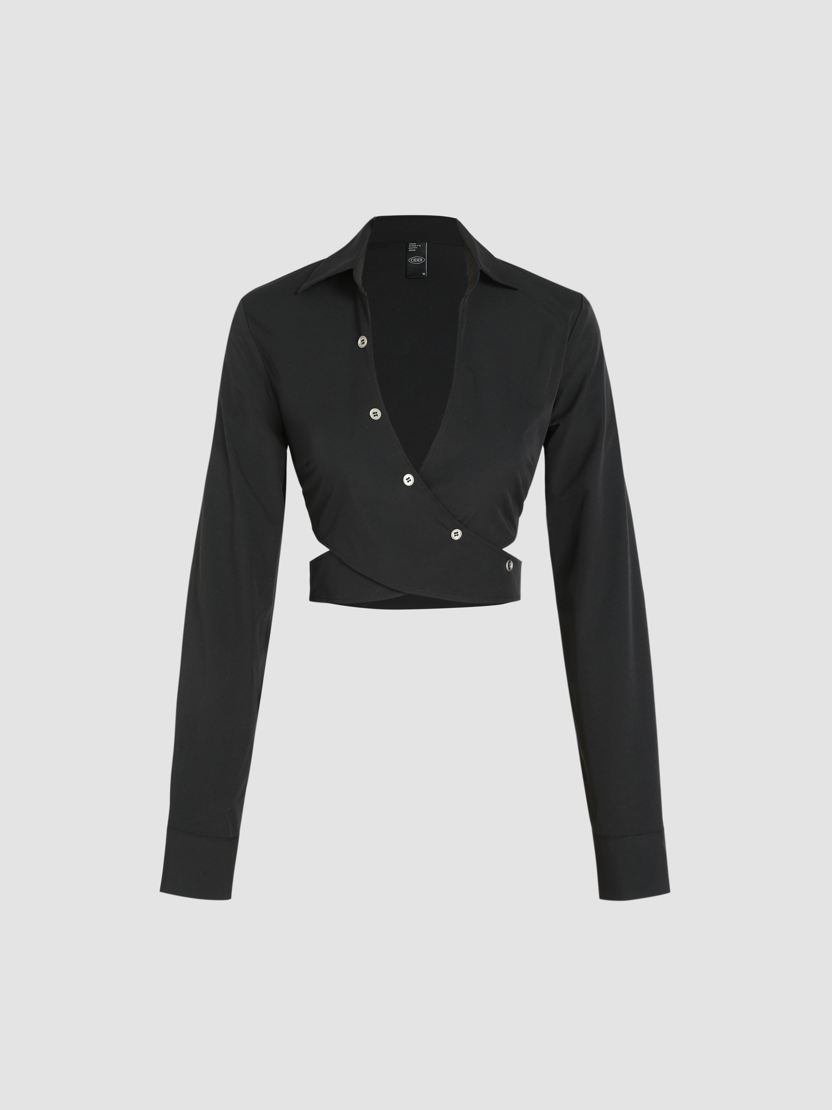 Woven Solid V-neck Collar Long Sleeve Crop Top For School Work