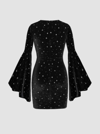 Star Pattern Bell Sleeve Velvet Short Dress For Date Wedding