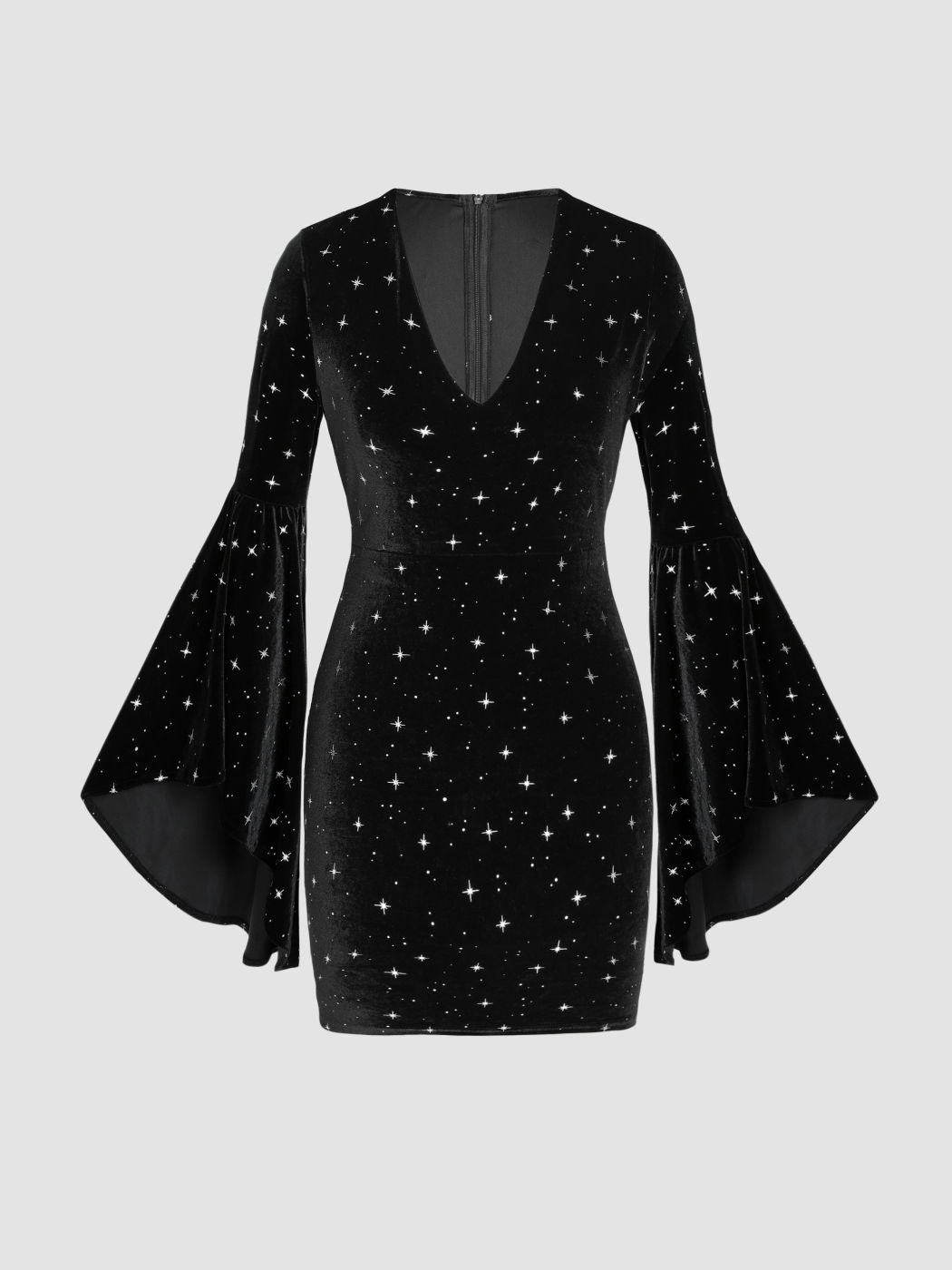 Star Pattern Bell Sleeve Velvet Short Dress For Date Wedding