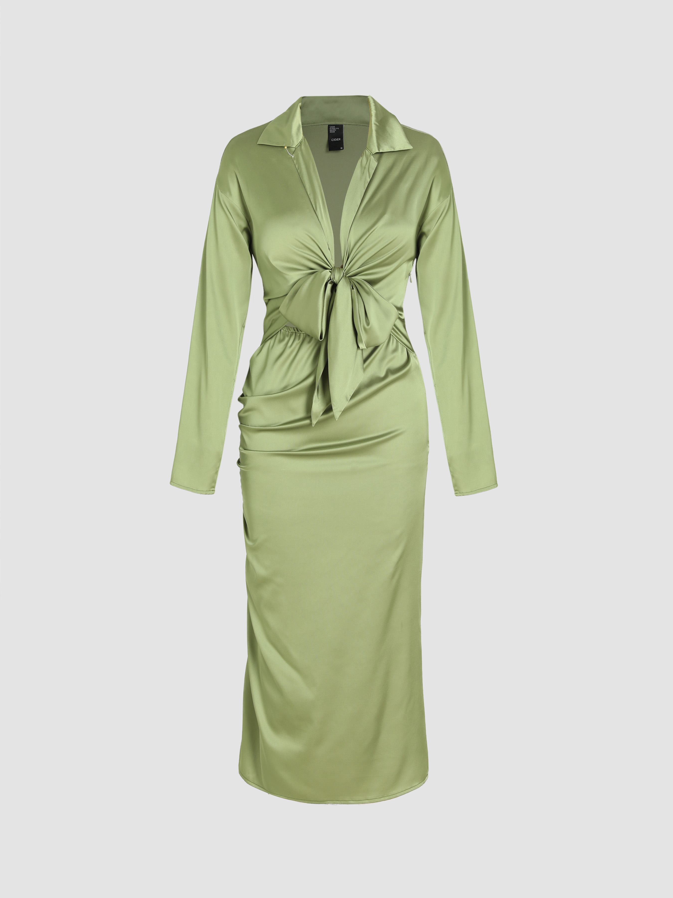 Satin Solid Ruched Deep V Knotted Maxi Dress - Cider