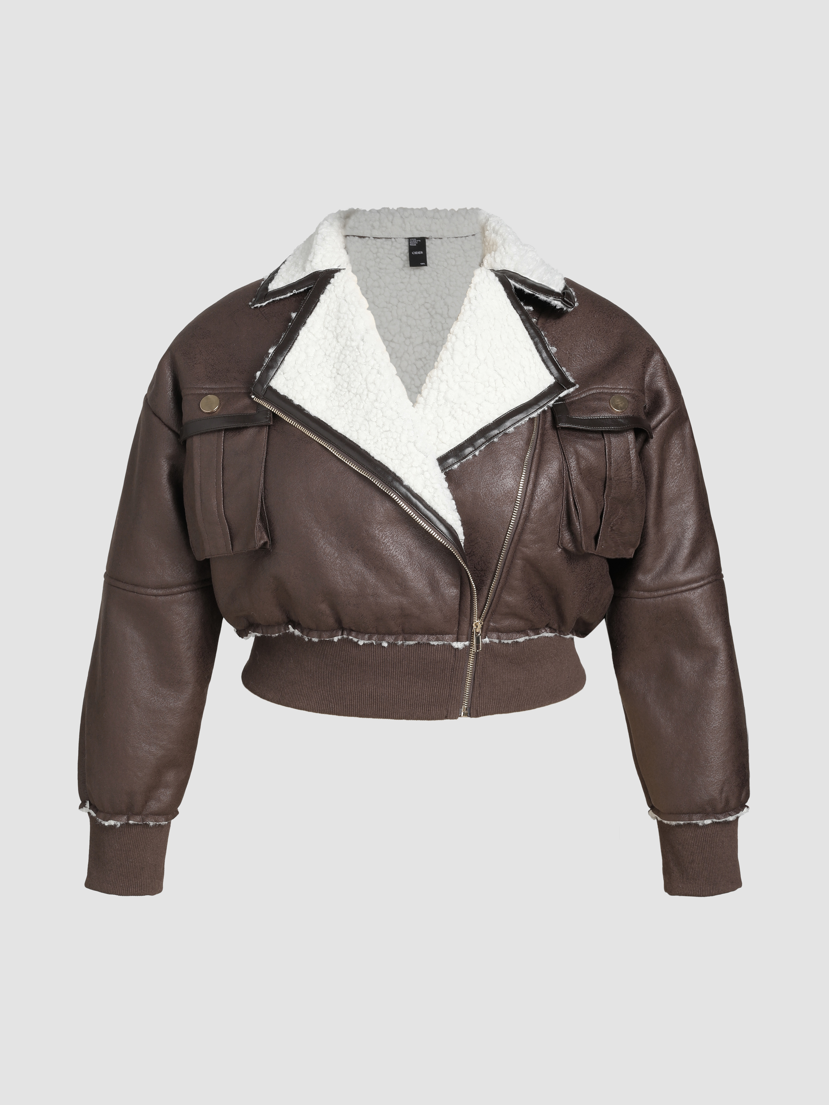 Faux Fur Collar Faux Shearling Zip-up Crop Jacket Curve & Plus For School Work