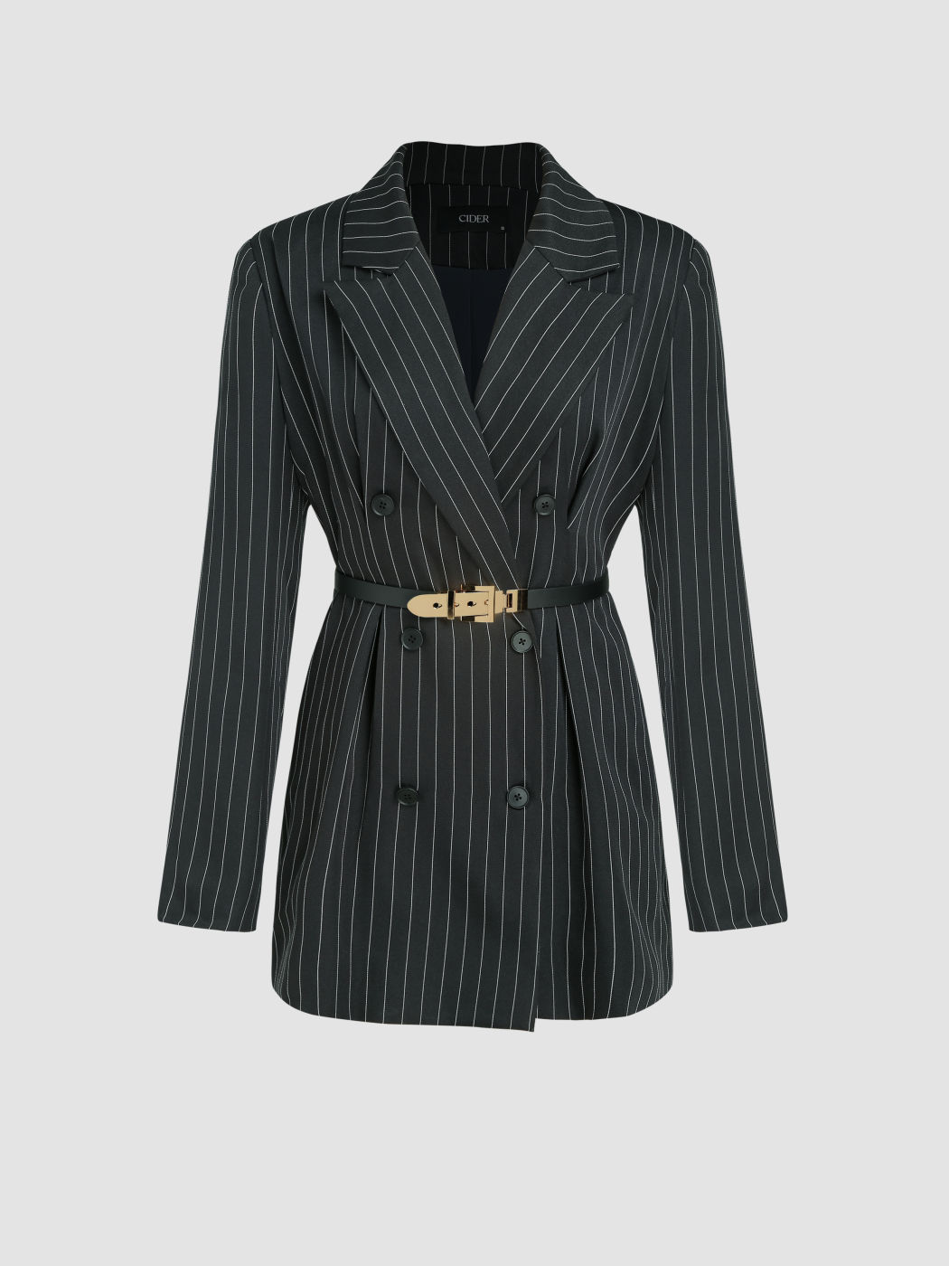Woven Striped Notched Collar Blazer With Belt For School Work