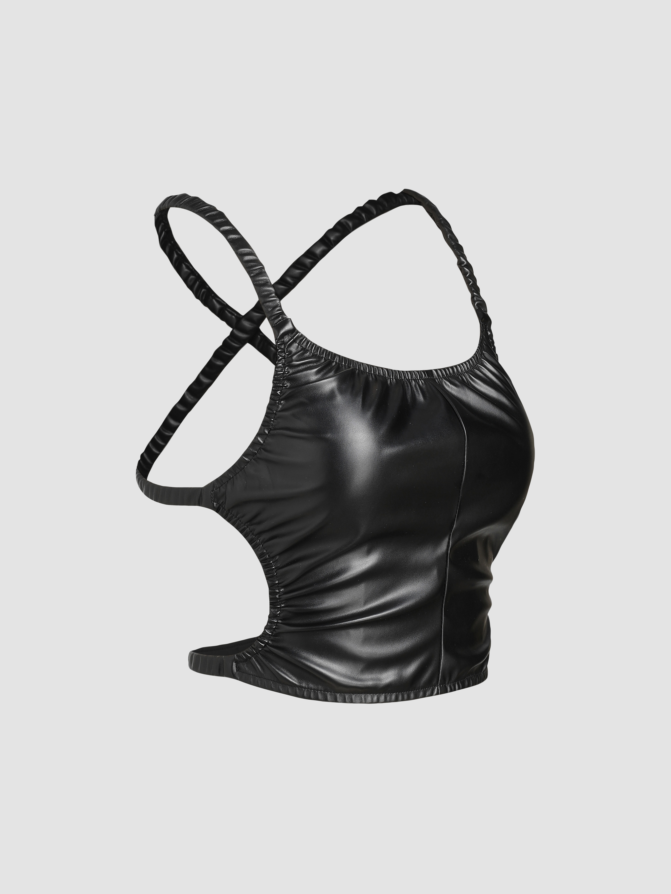 PU Solid Scoop Neckline Cross Cami Crop Top For Music Festival/Live ...