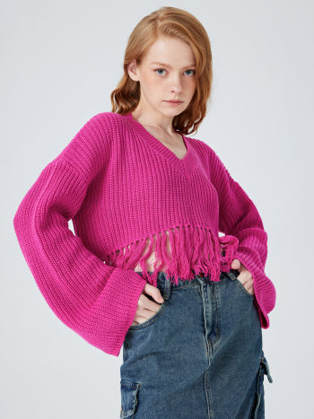 Solid V-neck Tassel Crop Knitted Long Sleeve Top For Vacation Holiday