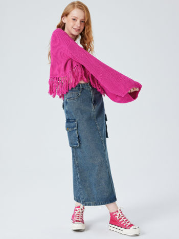 Solid V-neck Tassel Crop Knitted Long Sleeve Top For Vacation Holiday