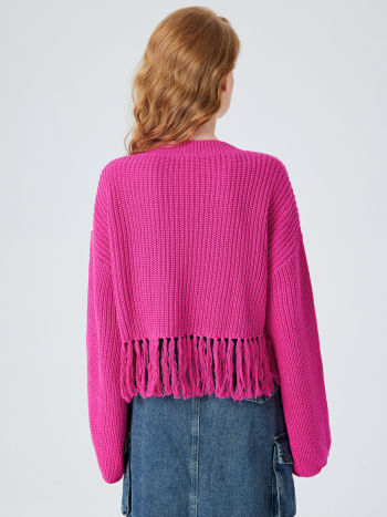 Solid V-neck Tassel Crop Knitted Long Sleeve Top For Vacation Holiday