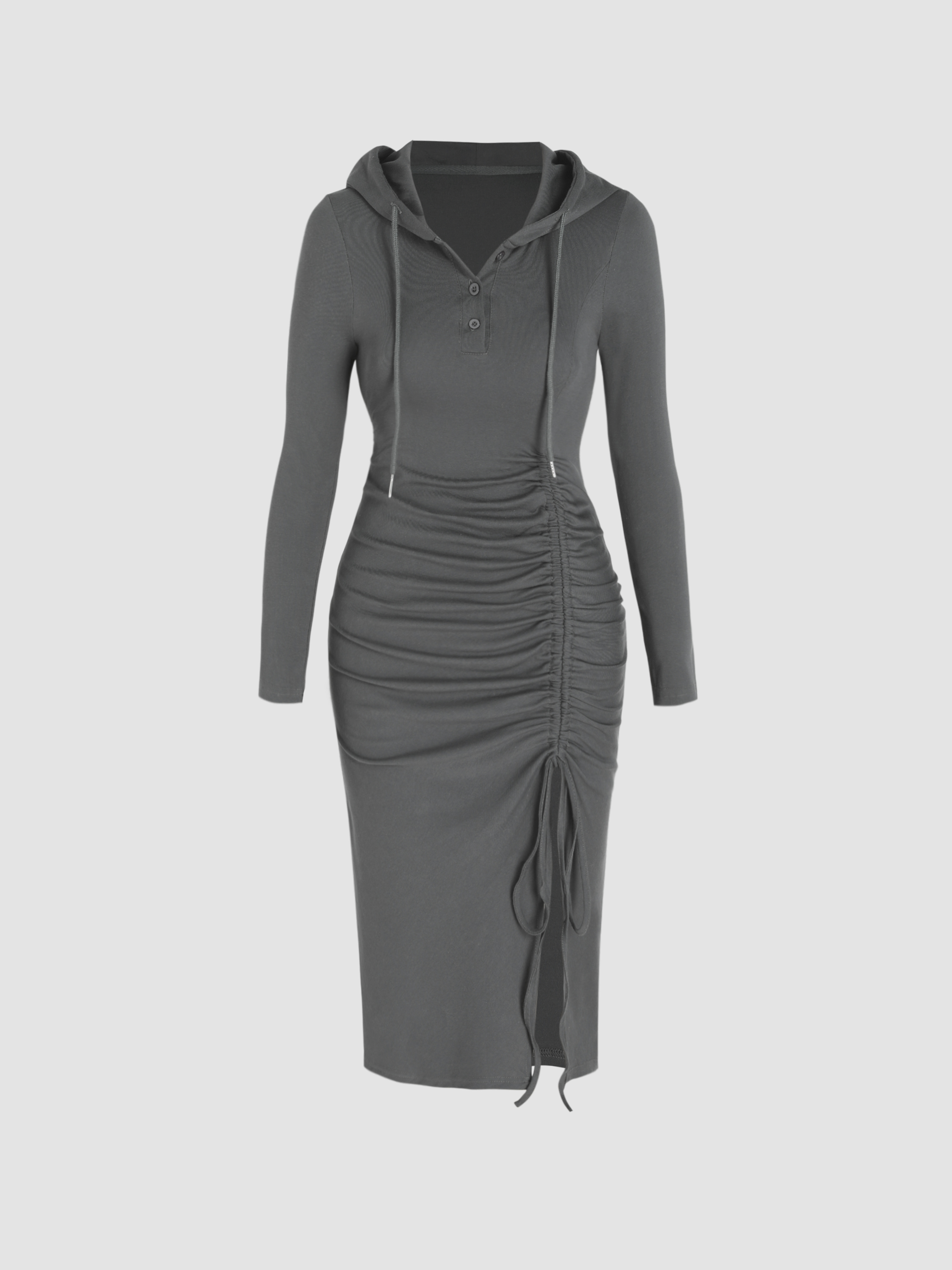 Solid Long Sleeve Drawstring Split Midi Dress For School Work