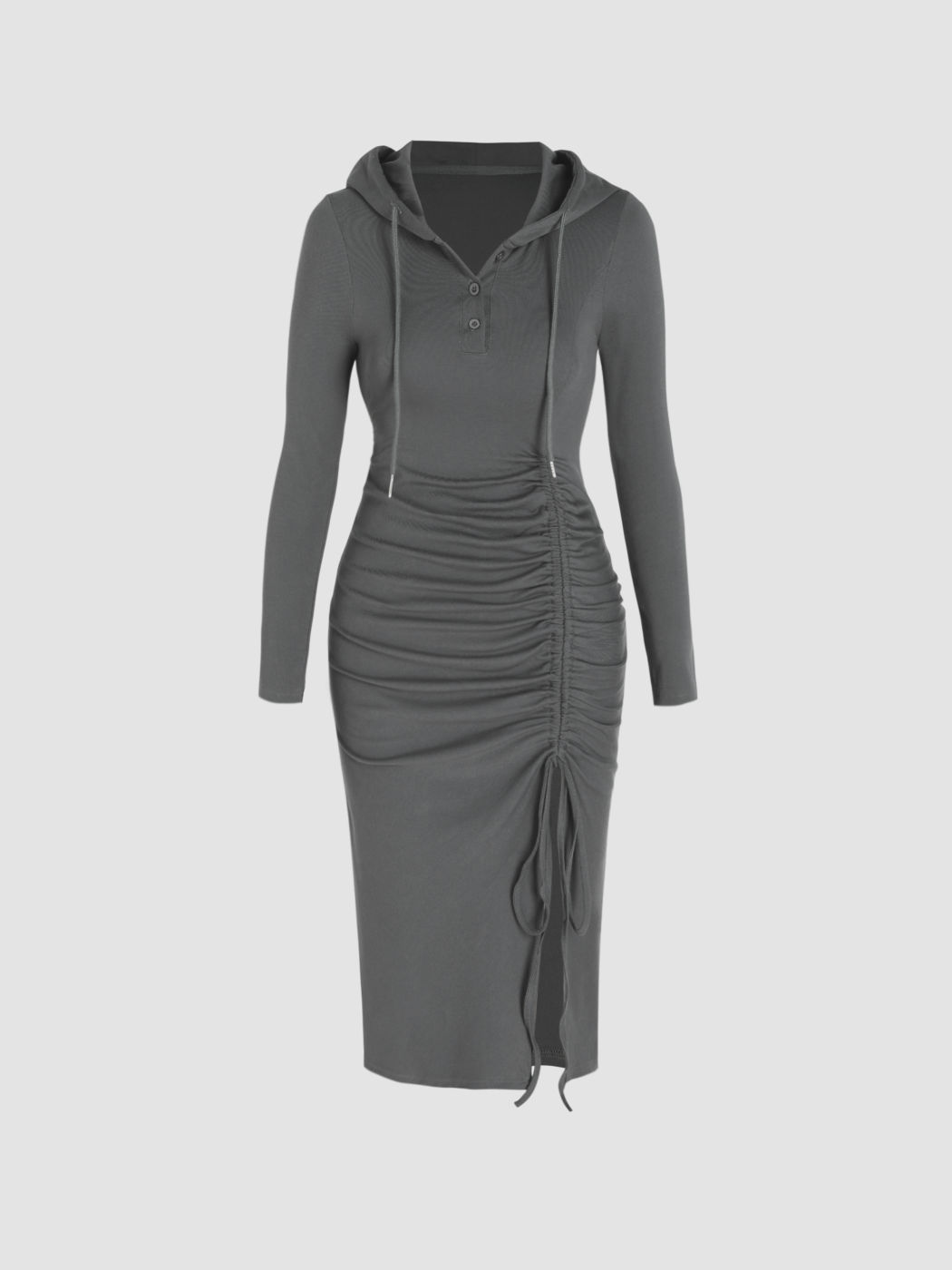 Solid Long Sleeve Drawstring Split Midi Dress For School Work