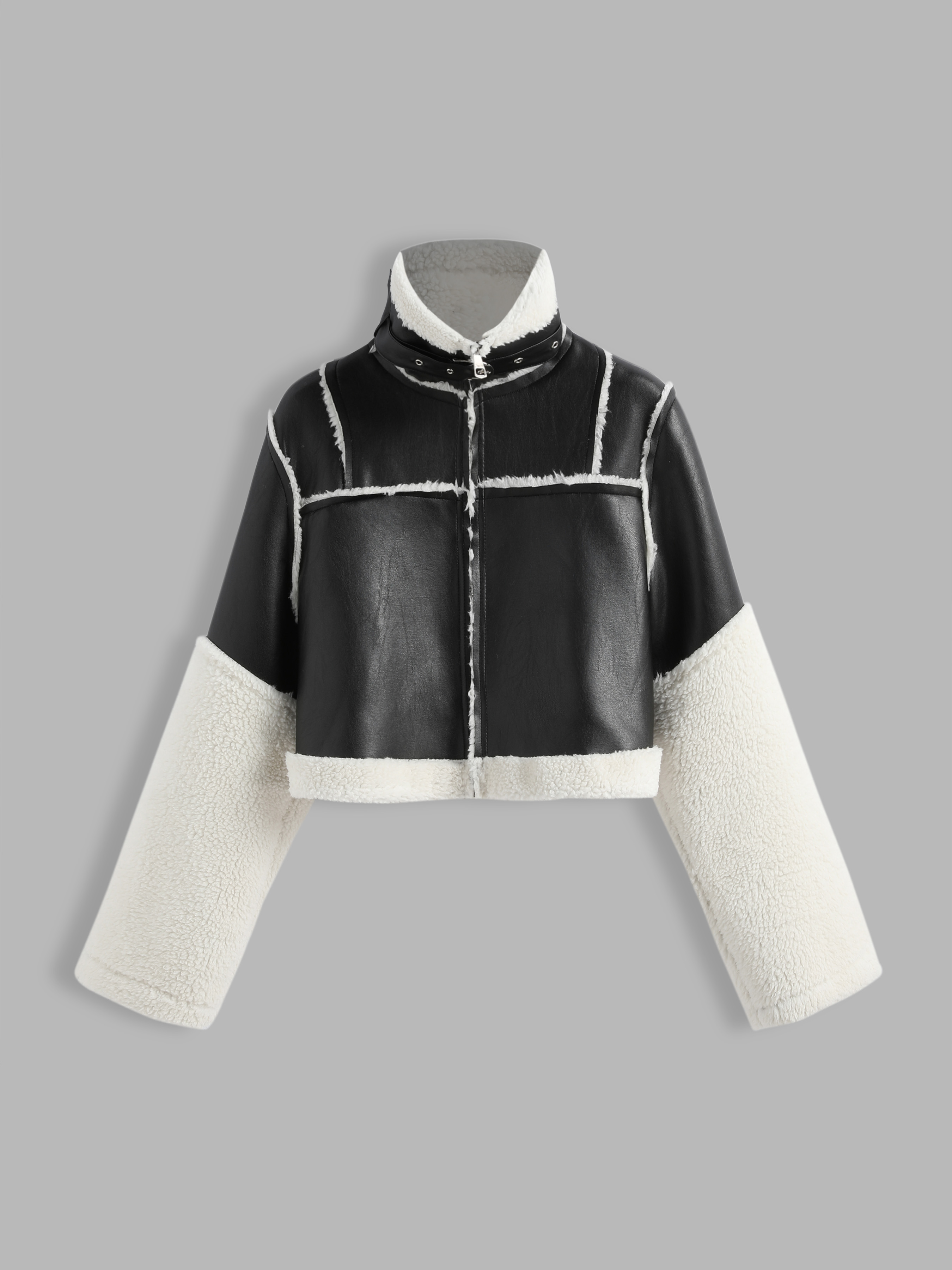 Faux Shearling Belted Patchy Crop Jacket - Cider