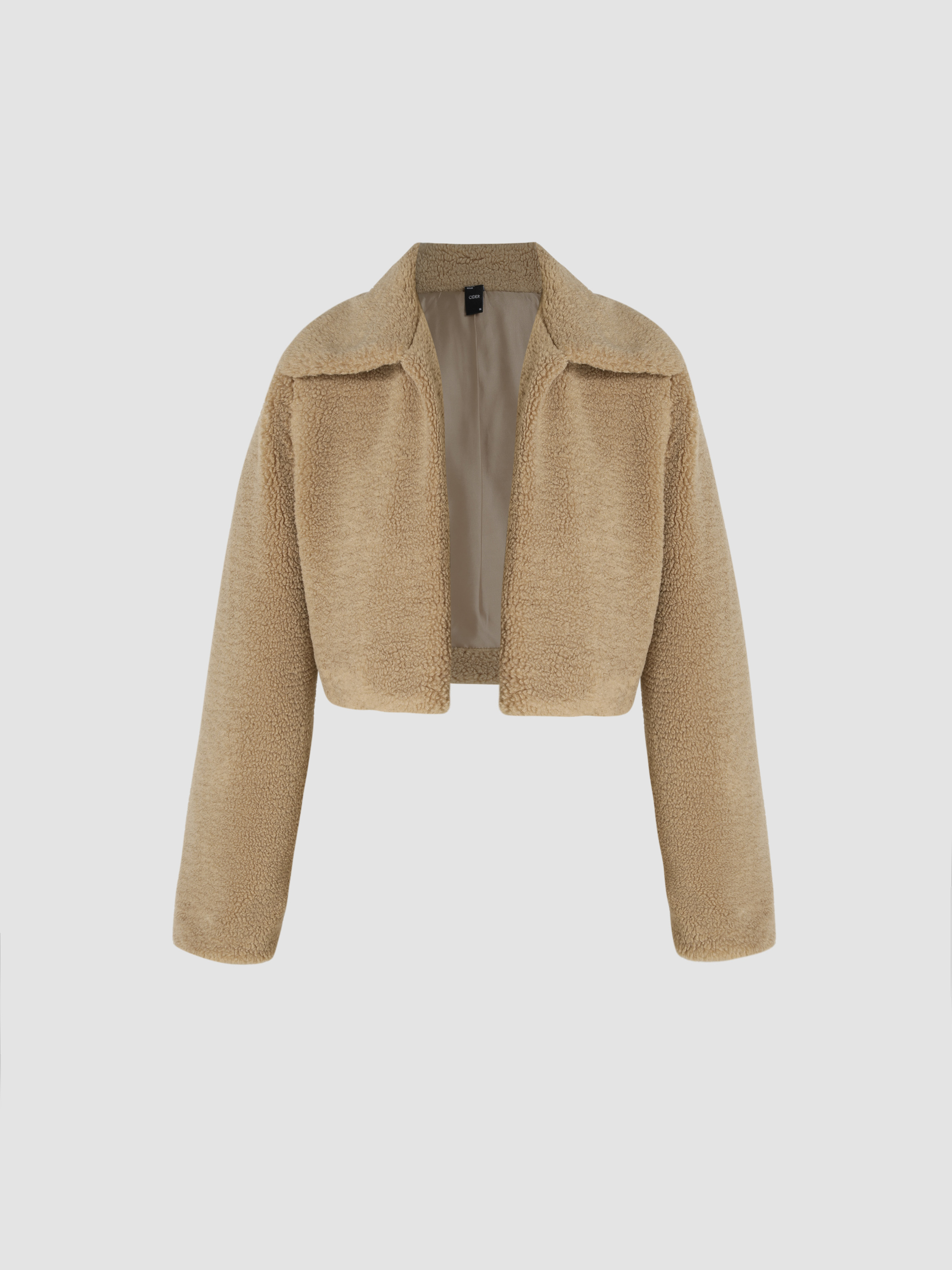 Fleece Fleece Collar Solid Crop Jacket For Daily Casual