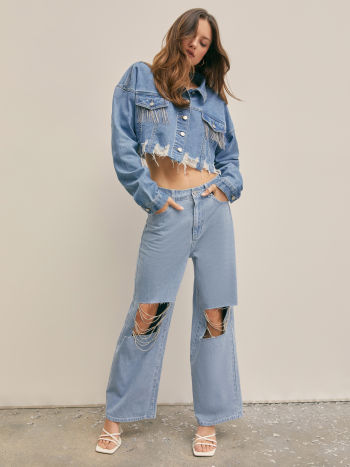 Rhinestone Chain Ripped Wide Leg Jeans - Cider
