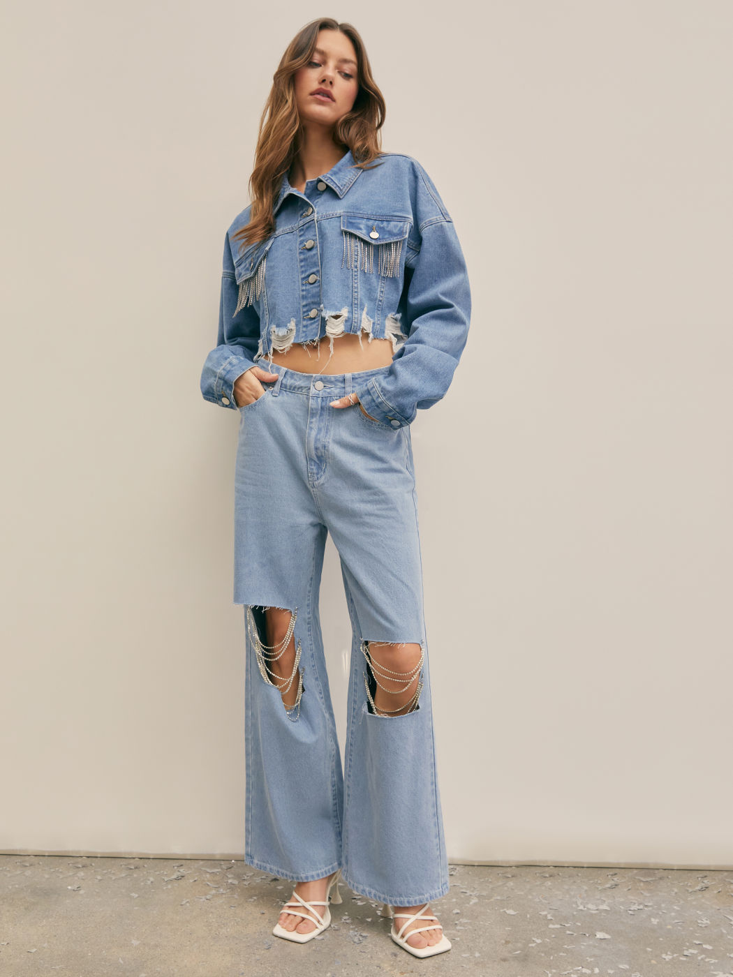 Rhinestone Chain Ripped Wide Leg Jeans - Cider